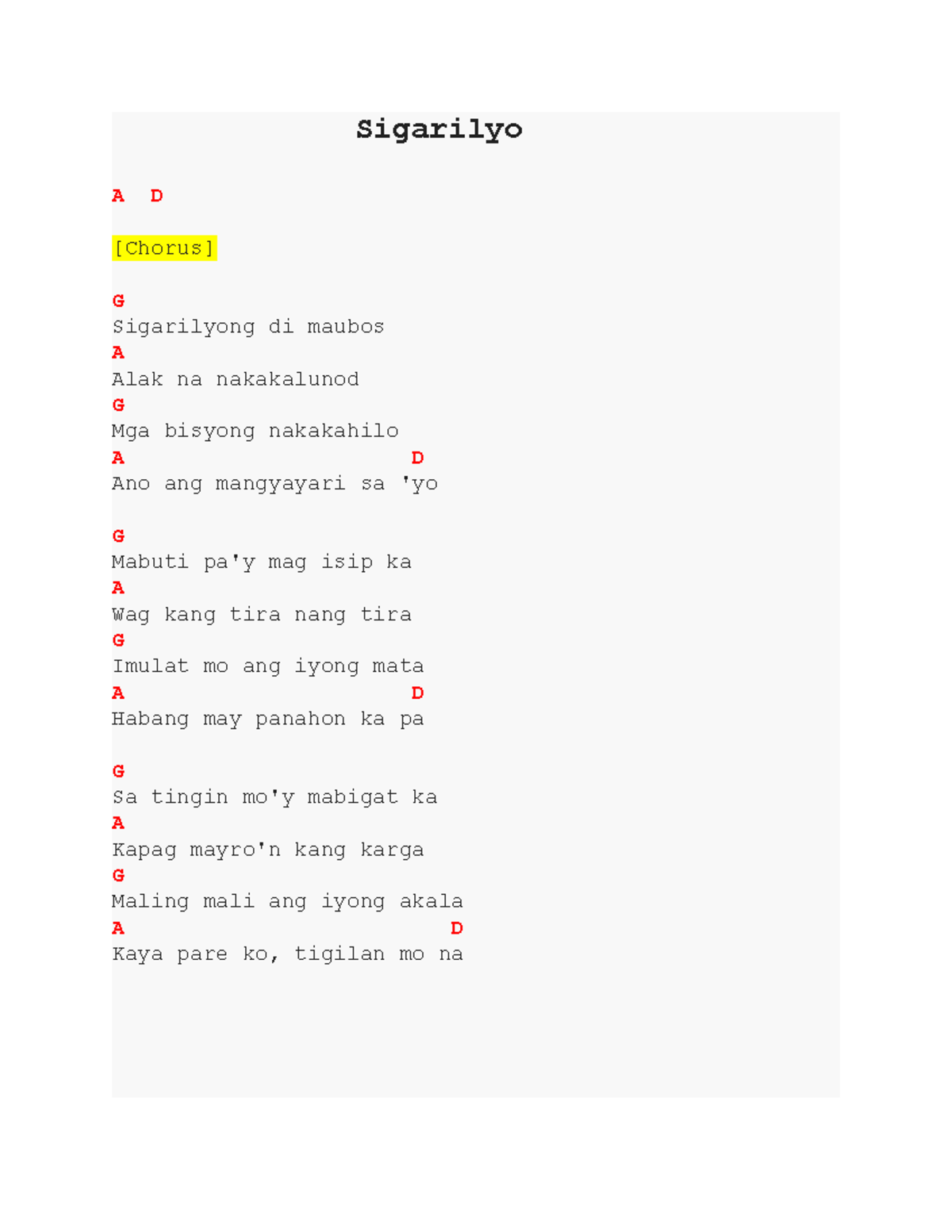 Sigarilyo - Lecture notes 16 - Sigarilyo A D [Chorus] G Sigarilyong di ...