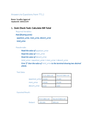 Tutorial Task 1.2 - Answers V2 - Answers to Questions from TT1. Name: Swadha Aggarwal Student ID ...