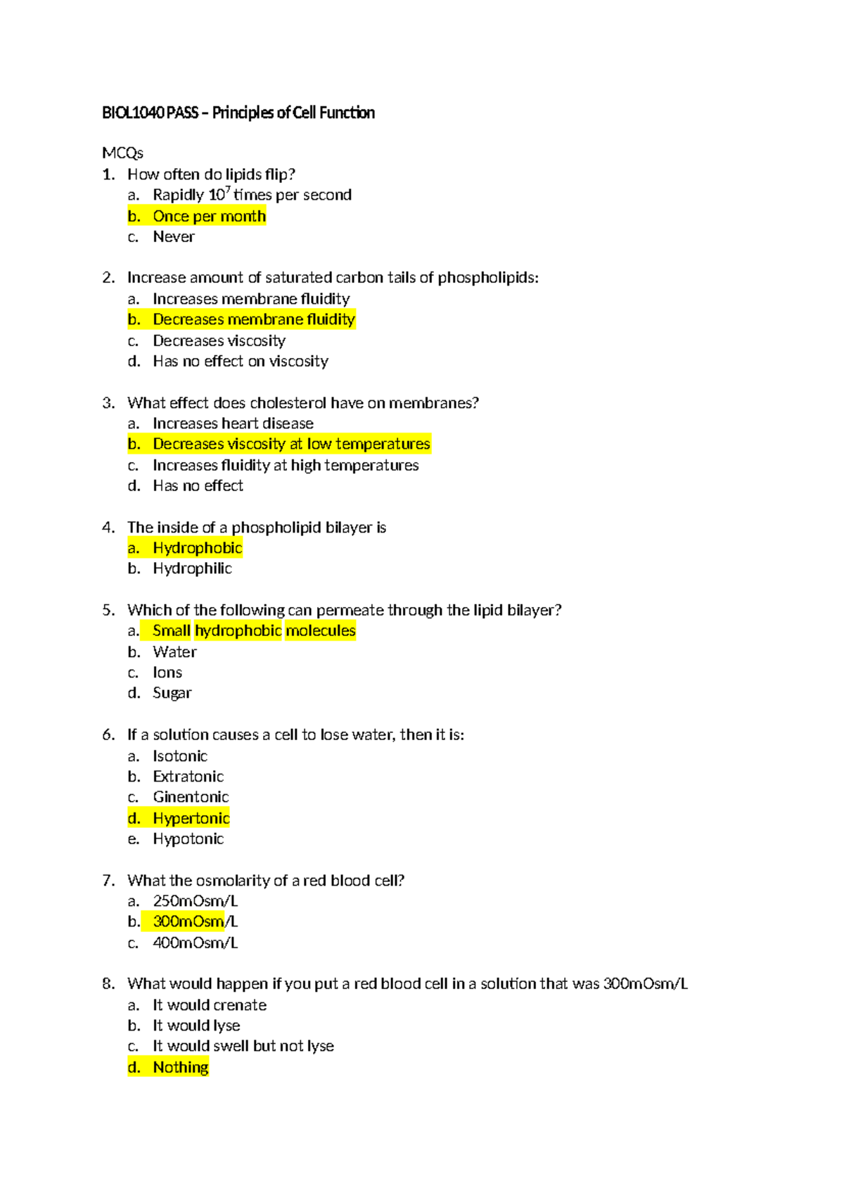 M1 - Worksheet 1 Qs - notes - BIOL1040 PASS – Principles of Cell ...