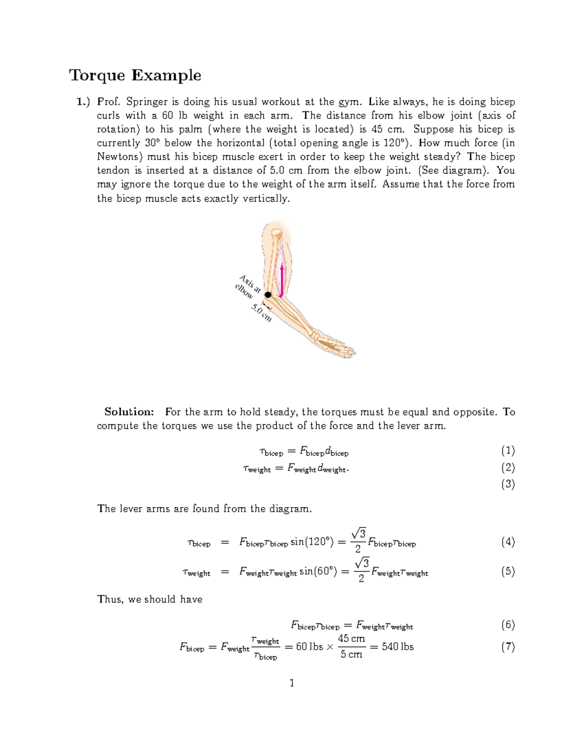 Ex Torque Bicep - Lecture notes 2 - Torque Example 1.)Prof. Springer is ...