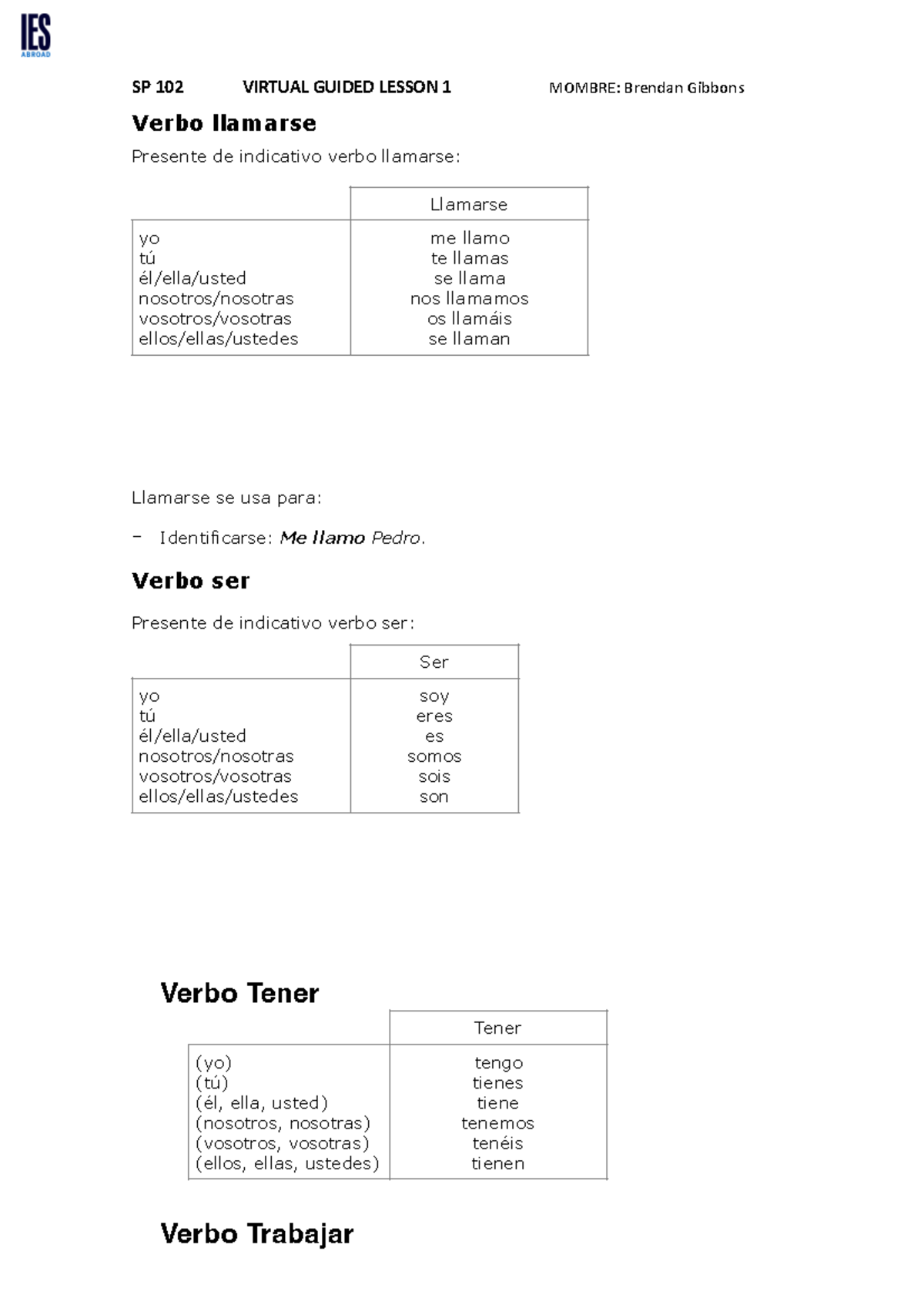 102 Informacion personal VGS1 - Verbo llamarse Presente de indicativo ...
