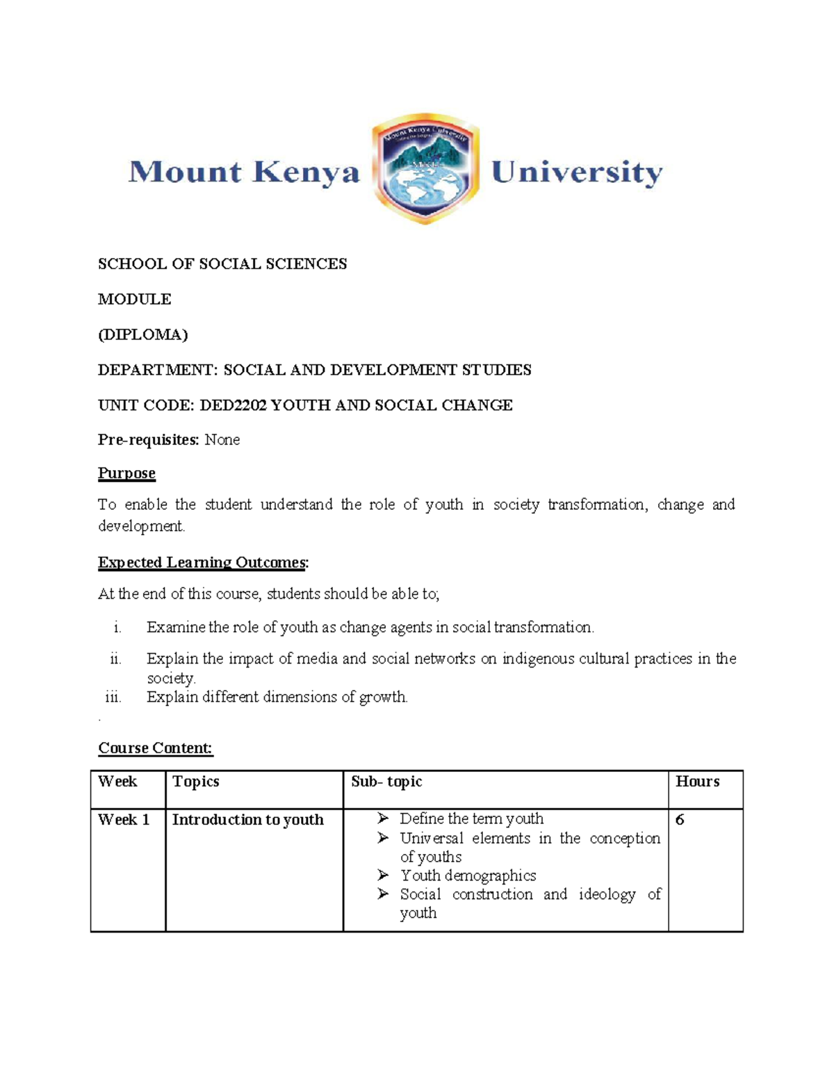 Youth and social change MKU Notes - SCHOOL OF SOCIAL SCIENCES MODULE ...