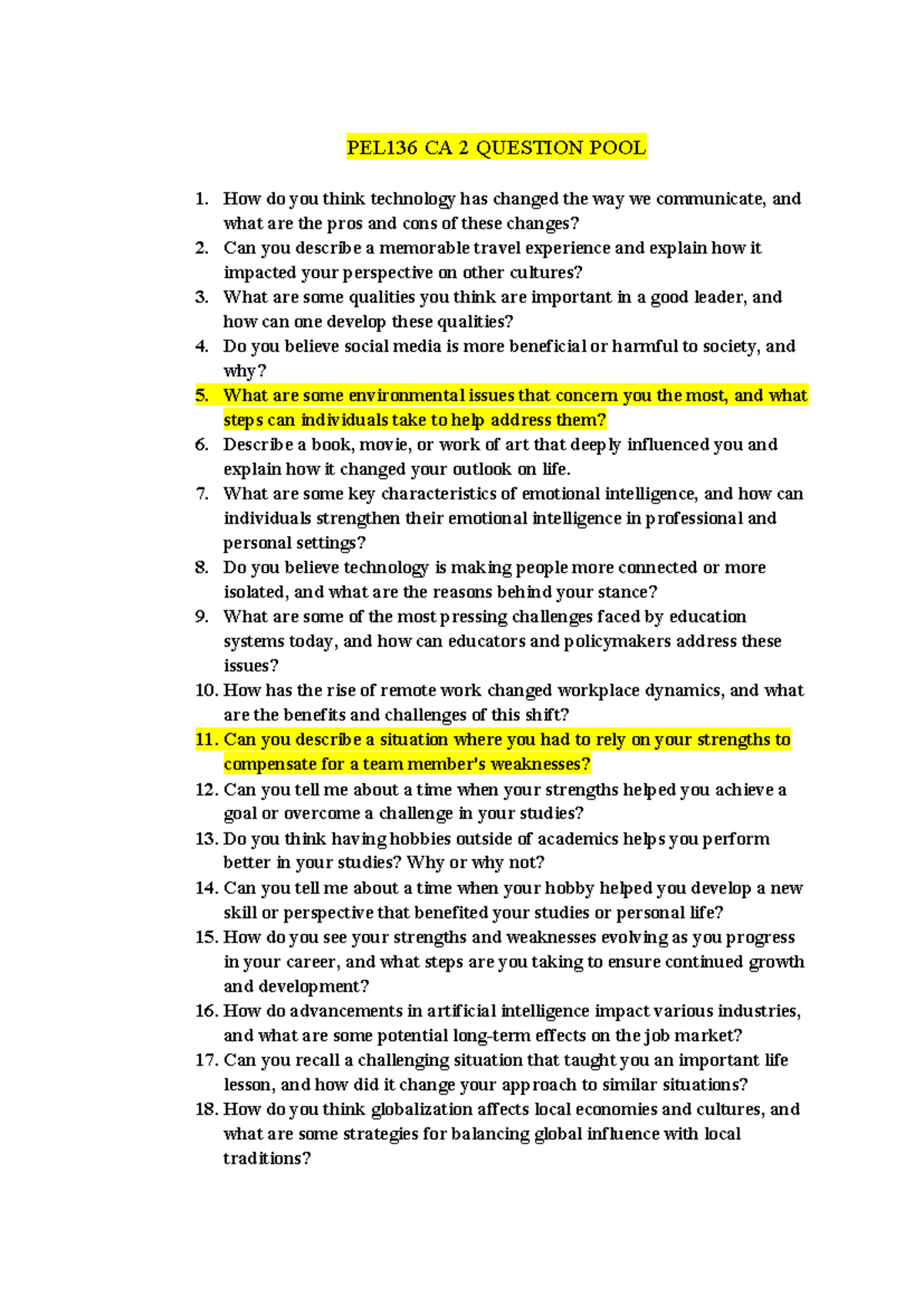 PEL136 CA 2 Question POOL - PEL136 CA 2 QUESTION POOL How do you think technology has changed ...