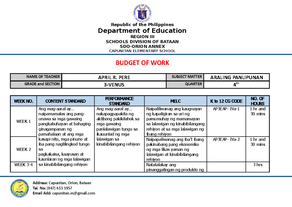 A.P - budget of work - Republic of the Philippines Department of ...