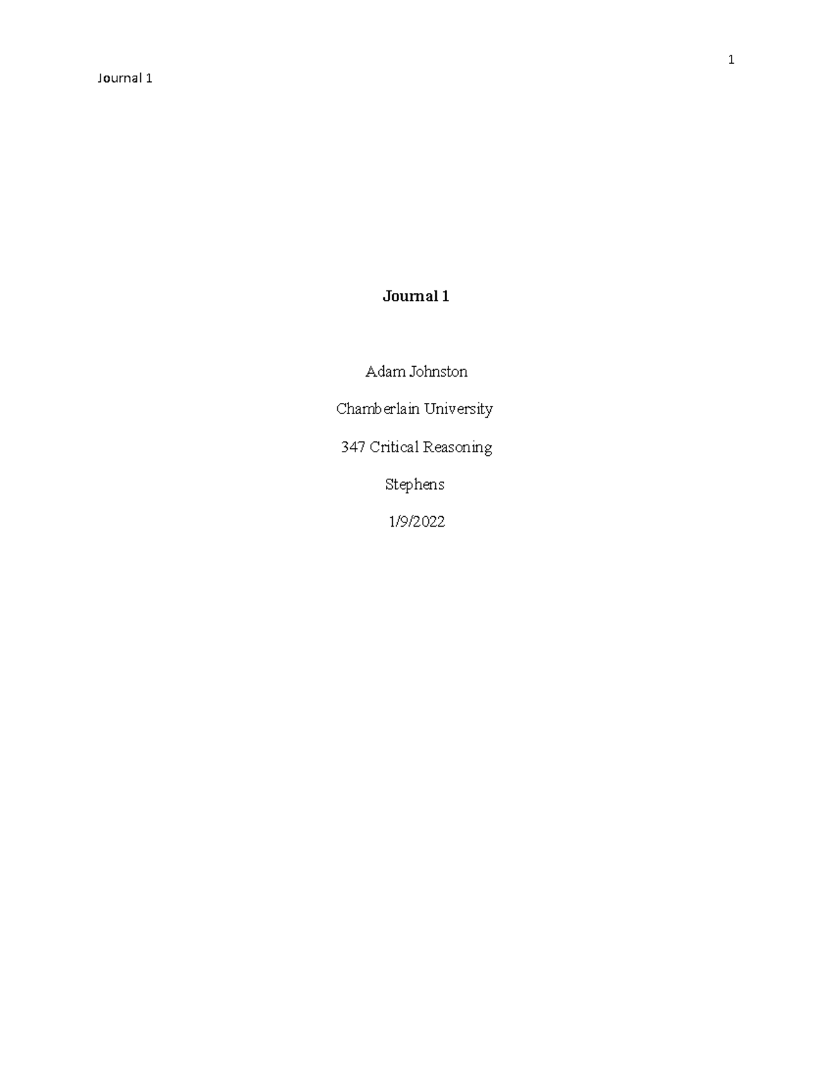 Weekly Journal assignment 1 - Journal 1 Adam Johnston Chamberlain ...