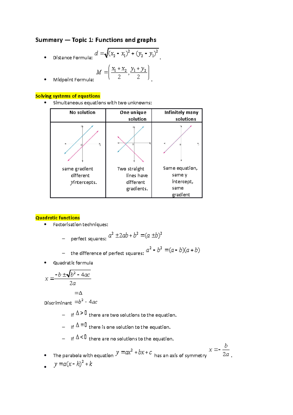 Summary methods - Summary — Topic 1: Functions and graphs Distance ...