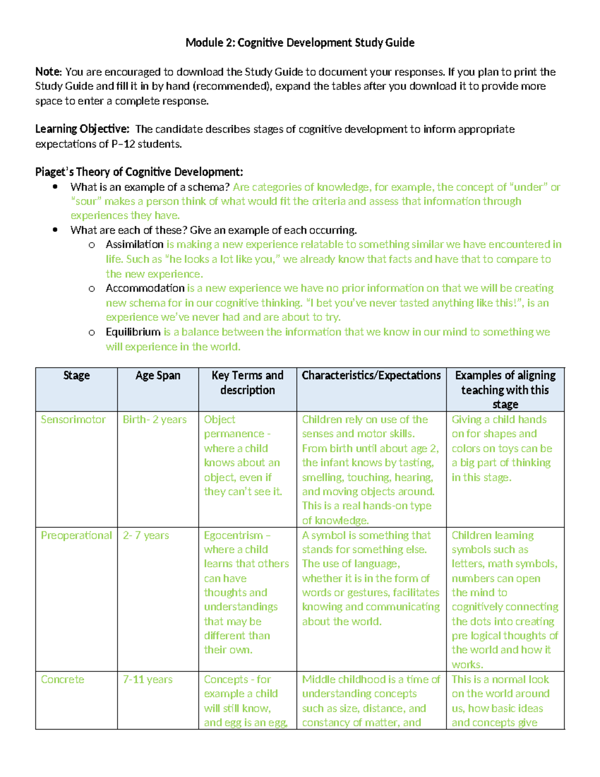 D094 Module 2 Study Guide - Module 2: Cognitive Development Study Guide ...
