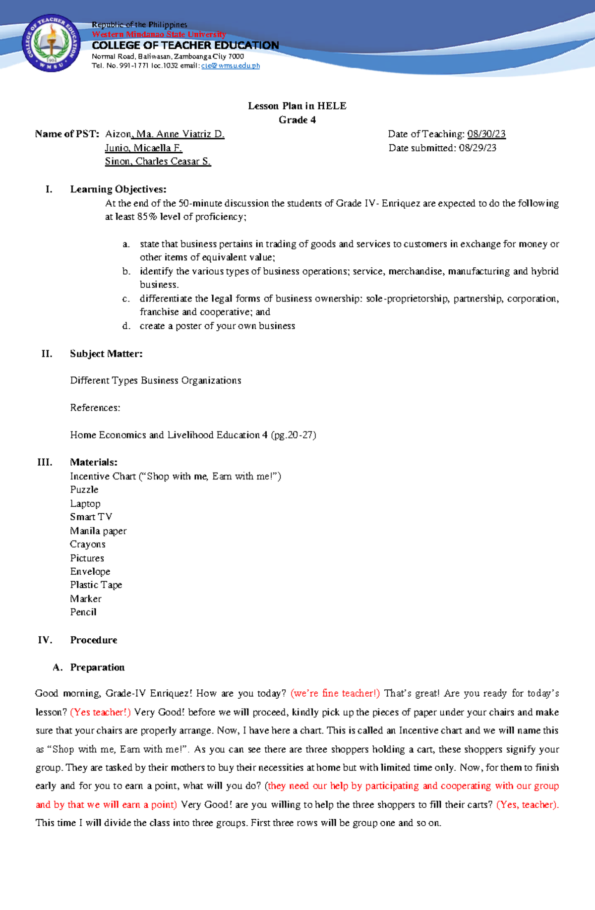 Episode teaching (HELE) - Lesson Plan in HELE Grade 4 Name of PST ...