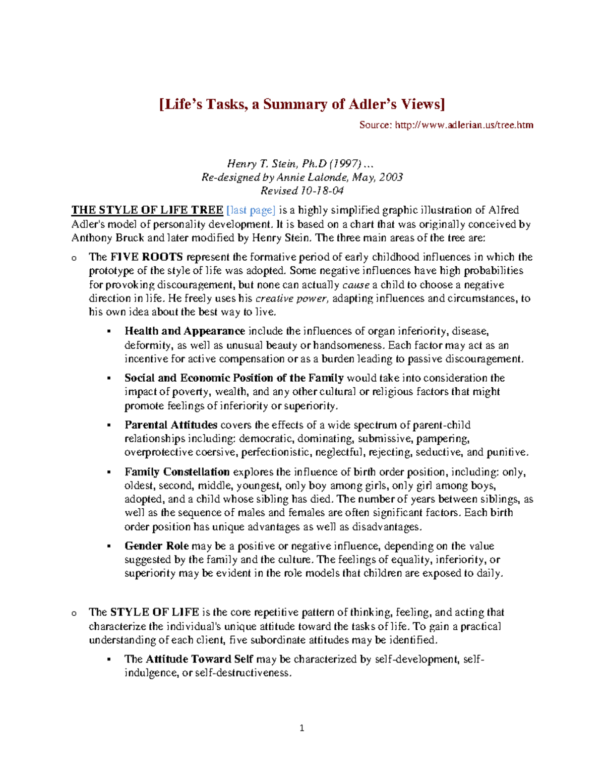 1.5(c)- Stein, Tasks in life (Adler) - 1 [Life’s Tasks, a Summary of ...