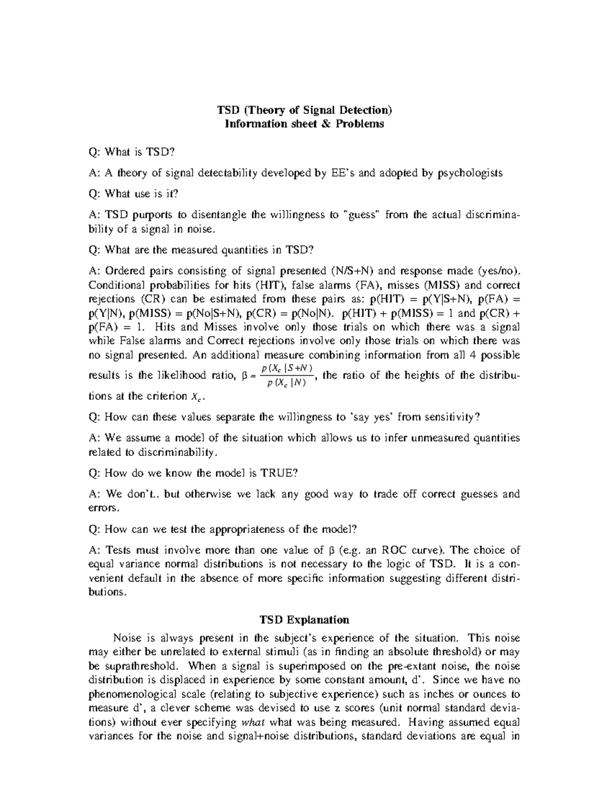 Tsd1 - Lecture notes 1 - TSD (Theory of Signal Detection) A Q: What is ...