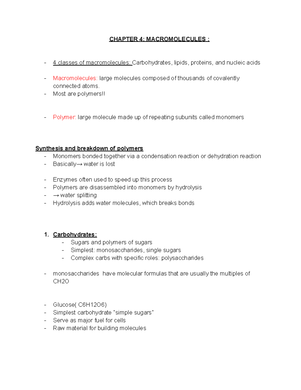 Bio Macromolecules- carbon - CHAPTER 4: MACROMOLECULES : 4 classes of ...