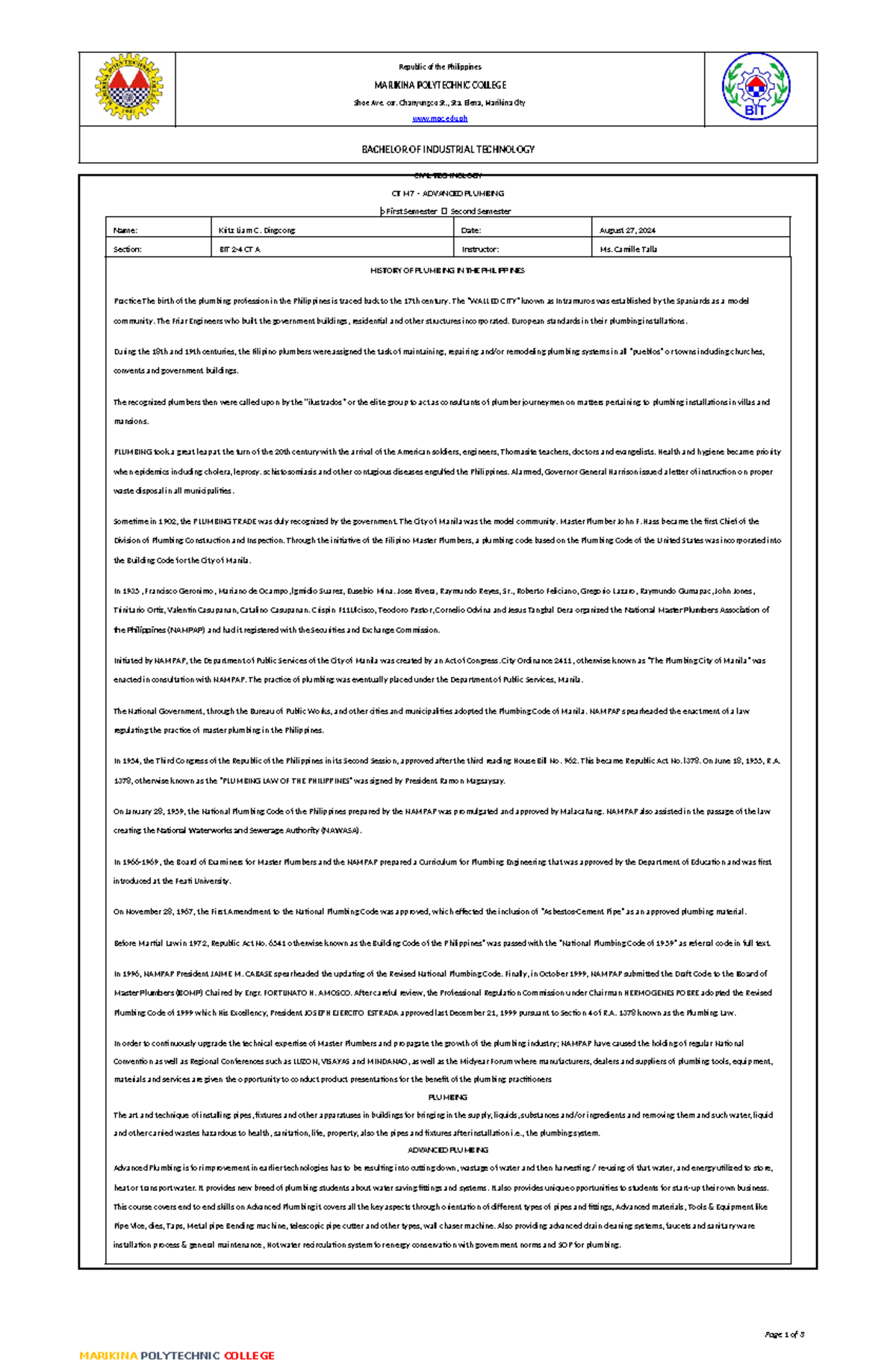 Advanced Plumbing - Page 1 of 3 MARIKINA POLYTECHNIC COLLEGE Republic ...