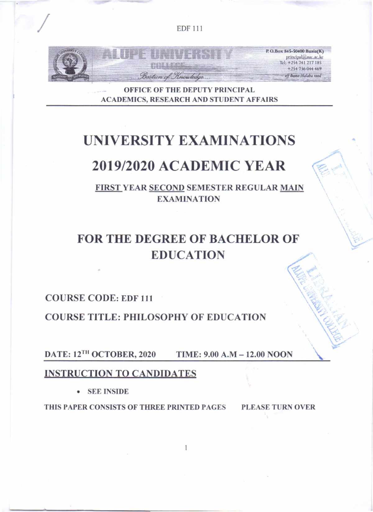 EDF 111 Philosophy OF Education - / EDF 111 P. O 845-50400 Busia(K) I'rindllal@auc ac lei ...