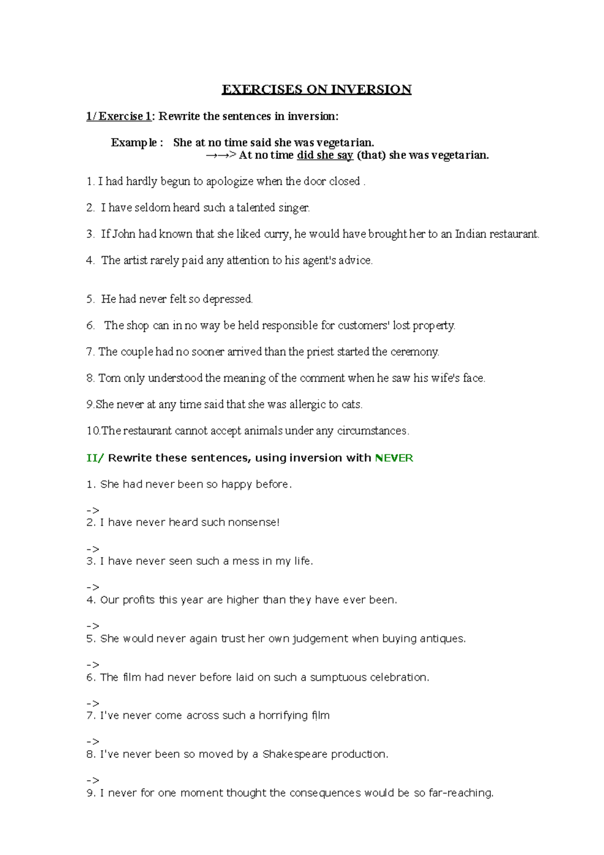 Exercises On Inversion Exercises On Inversion 1 Exercise 1 Rewrite The Sentences In