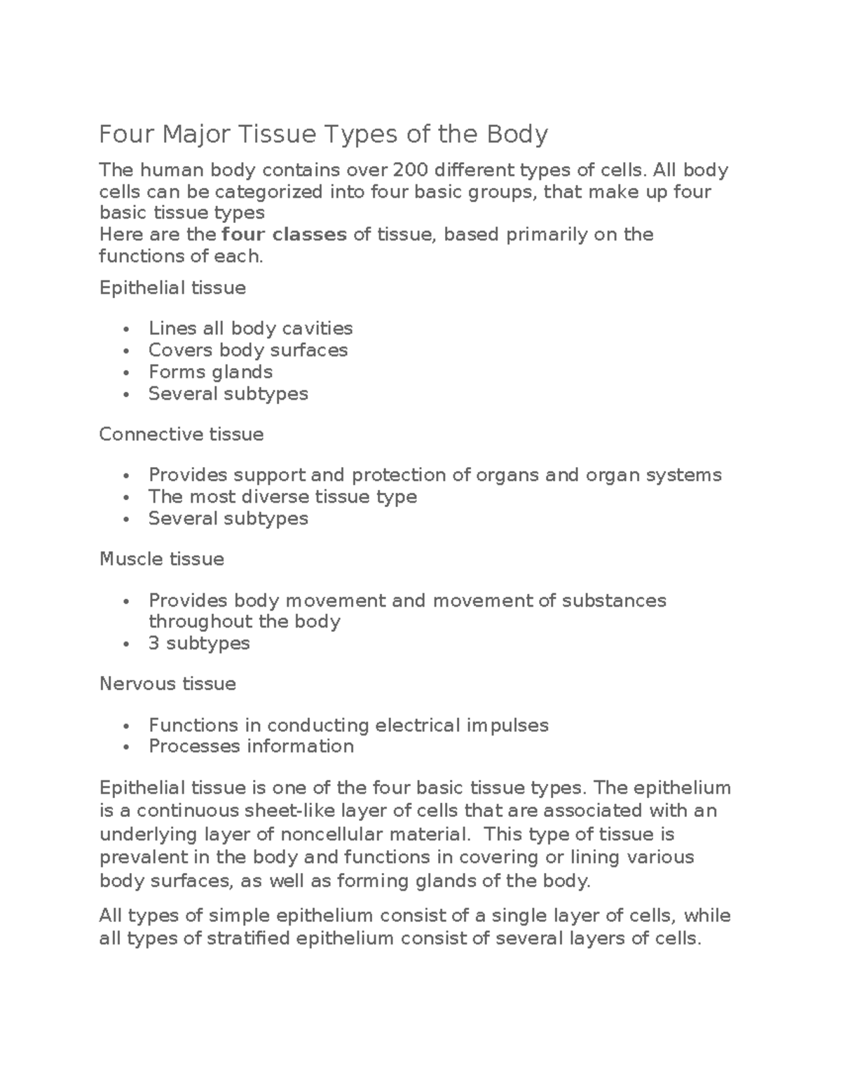 Four Major Tissue Types of the Body - All body cells can be categorized ...