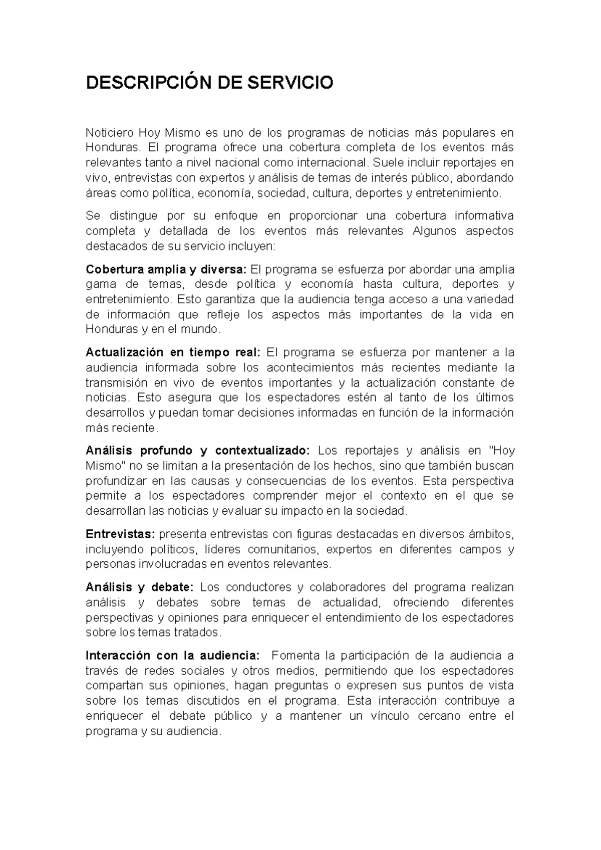 Descripcion de servicio - DESCRIPCIÓN DE SERVICIO Noticiero Hoy Mismo ...