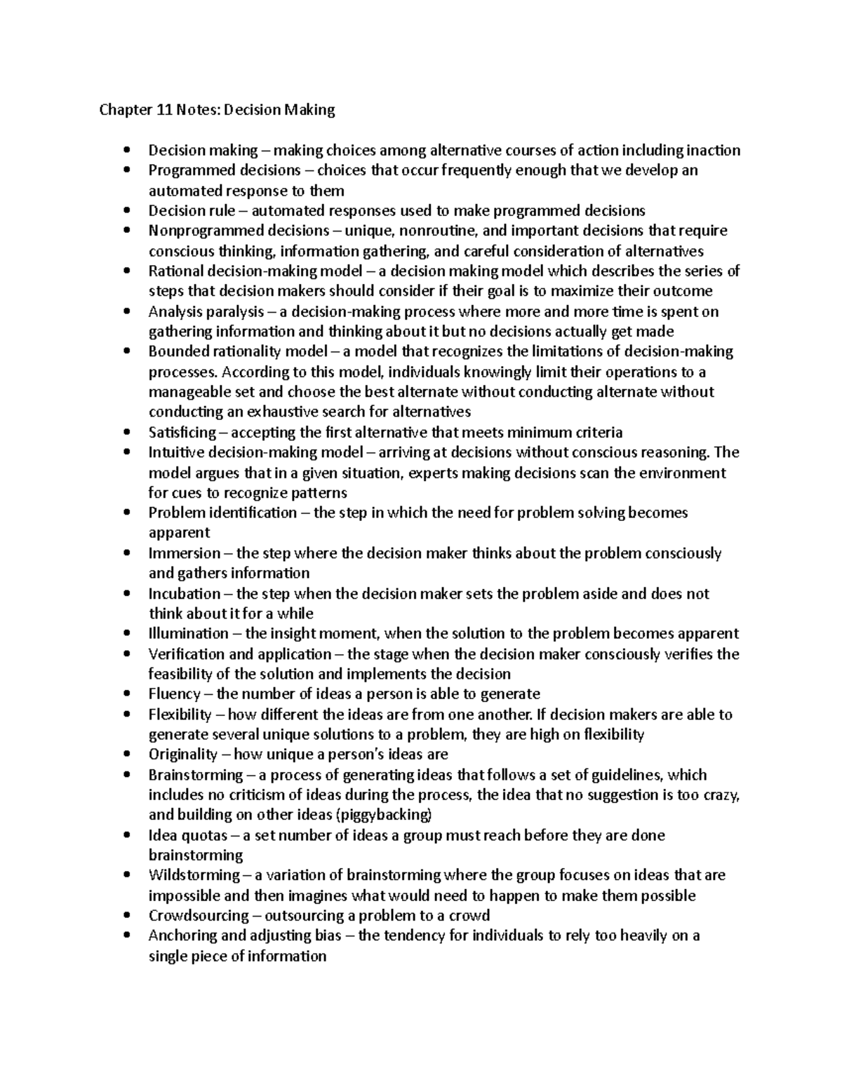 Module 11 Notes - Chapter 11 Notes: Decision Making Decision making ...