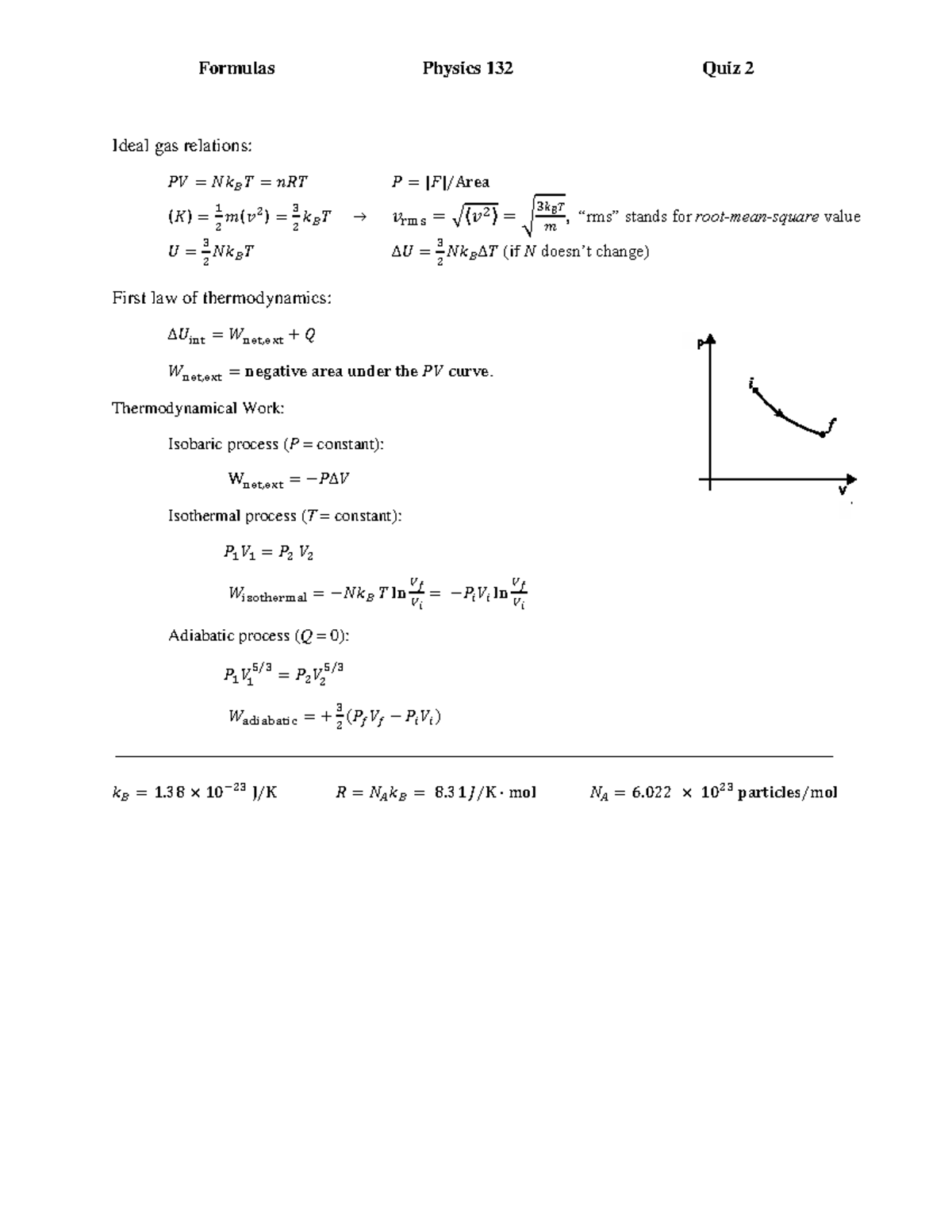 Ch 2 Formula Sheet - Formulas Physics 132 Quiz 2 Ideal gas relations ...