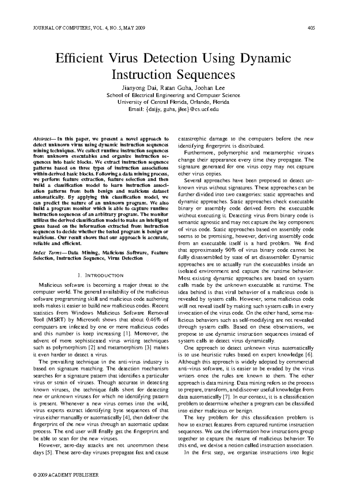 Efficient Virus Detection Using Dynamic Intsruction sequences ...