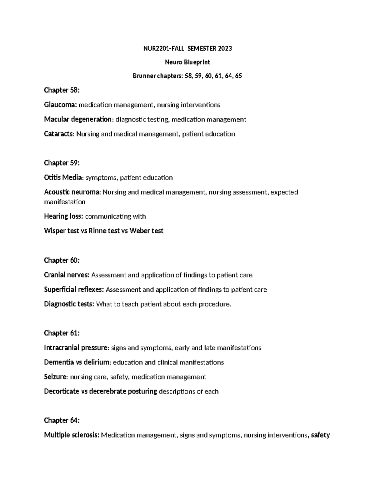 Neuro+blueprint - Neuro study guide - NUR2201-FALL SEMESTER 2023 Neuro ...