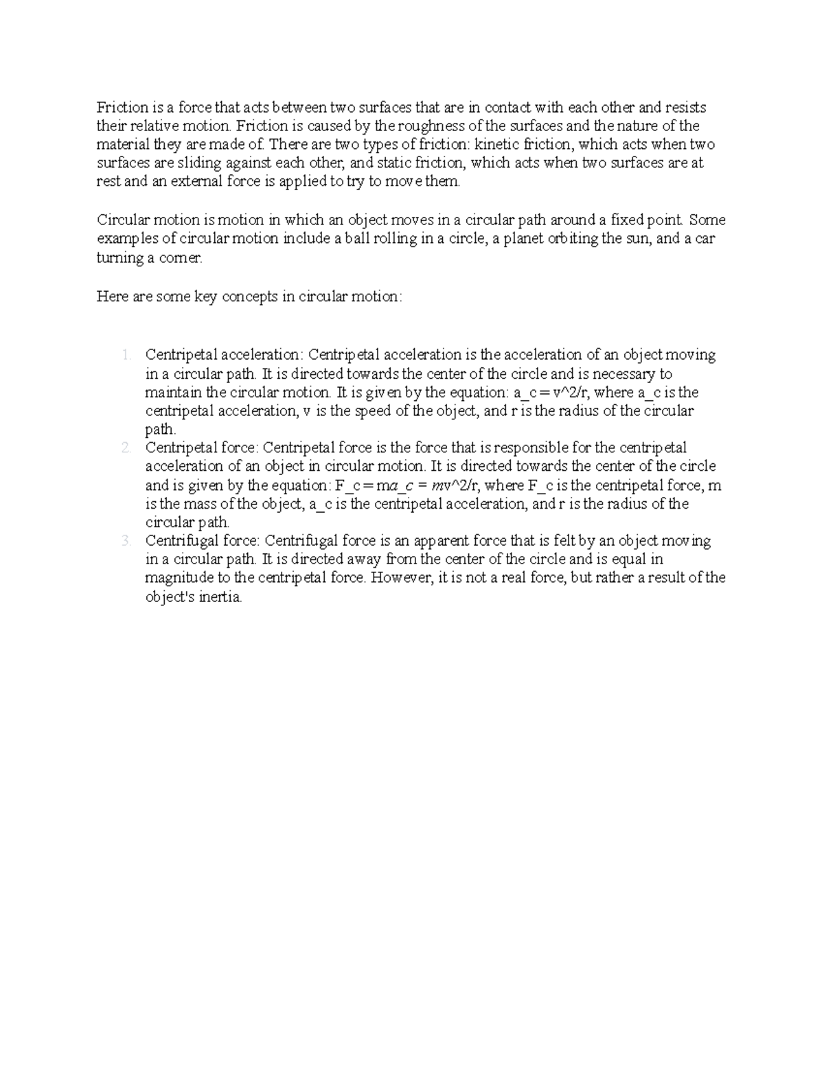 Friction and Circular Motion - Friction is a force that acts between ...