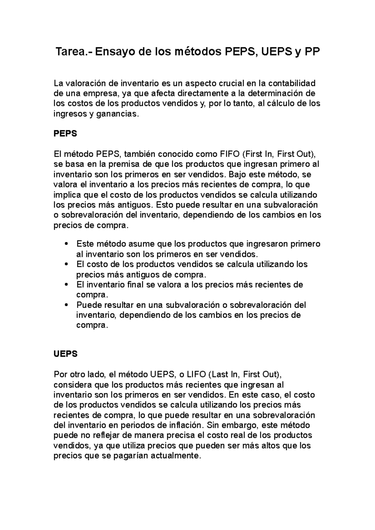 Ensayo PEPS UEPS Y PP - Tarea.- Ensayo de los métodos PEPS, UEPS y PP ...