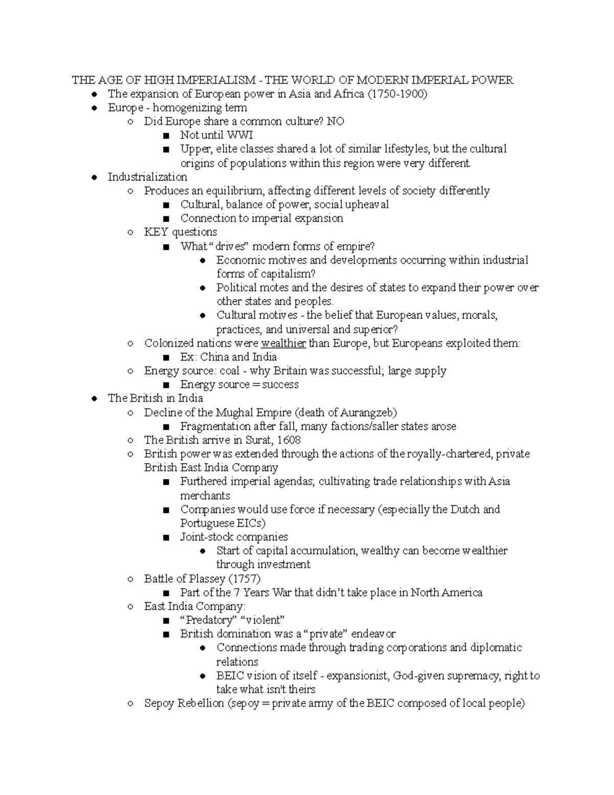 Lecture Notes The World of Modern Imperial Power - THE AGE OF HIGH ...