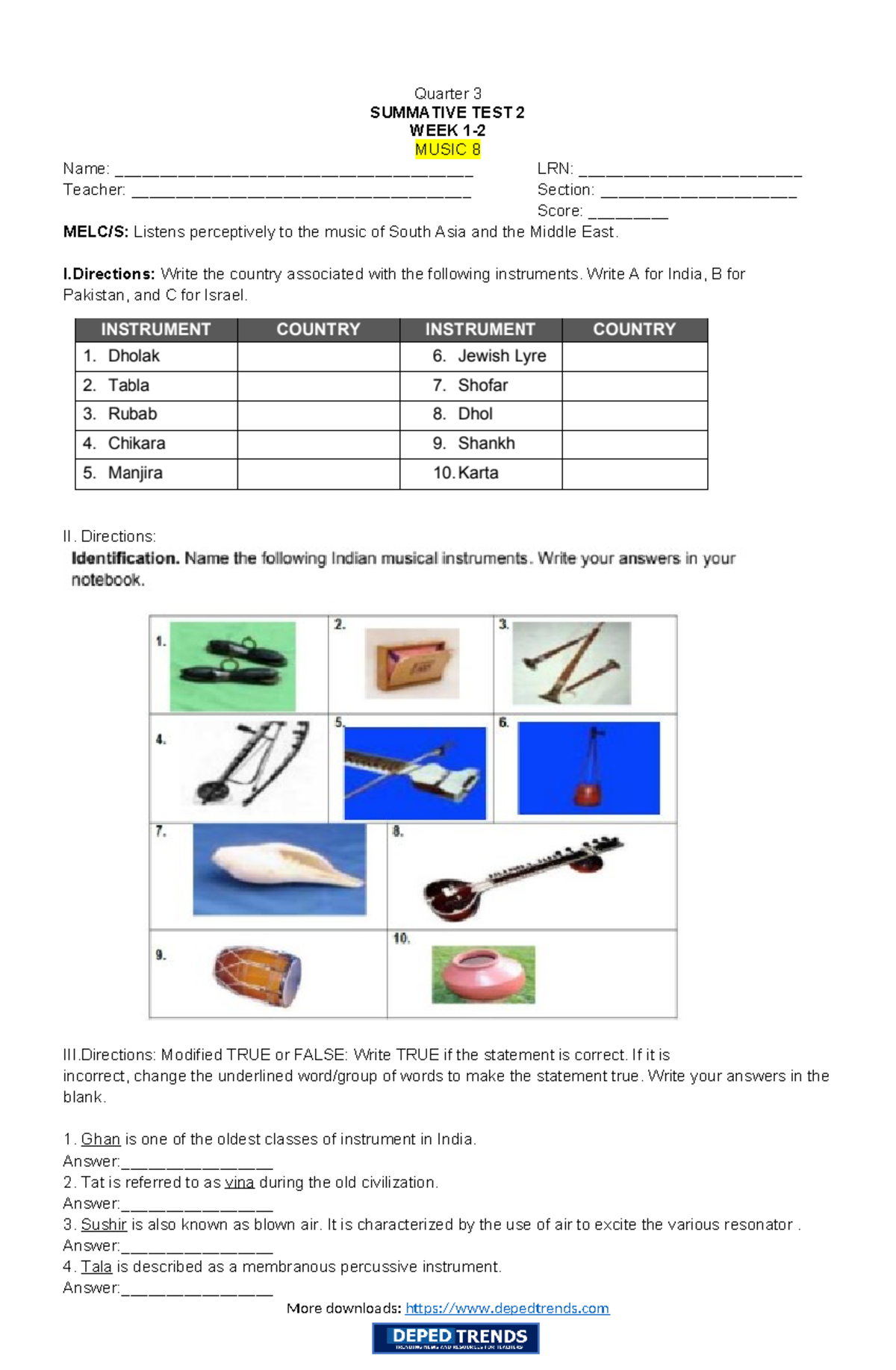 St music 8 wk1-2 - Quarter 3 SUMMATIVE TEST 2 WEEK 1- MUSIC 8 Name ...