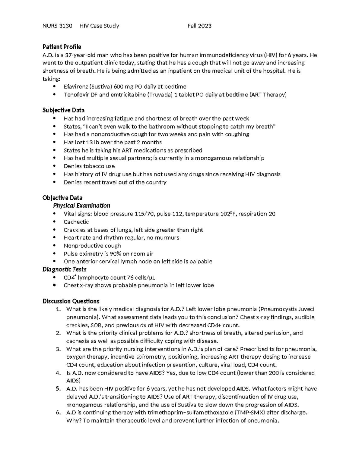 Paynek, Kathie.HIV Case Study Student VIEW - NURS 3130 HIV Case Study ...