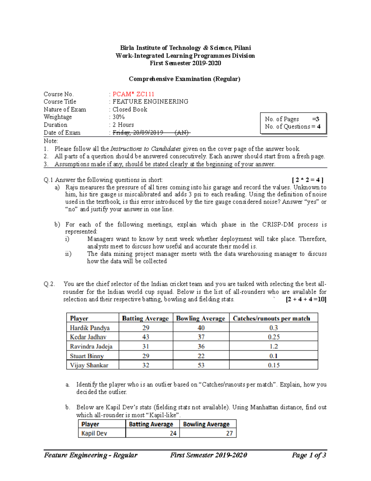 Exam 2019 - Birla Institute of Technology & Science, Pilani Work ...