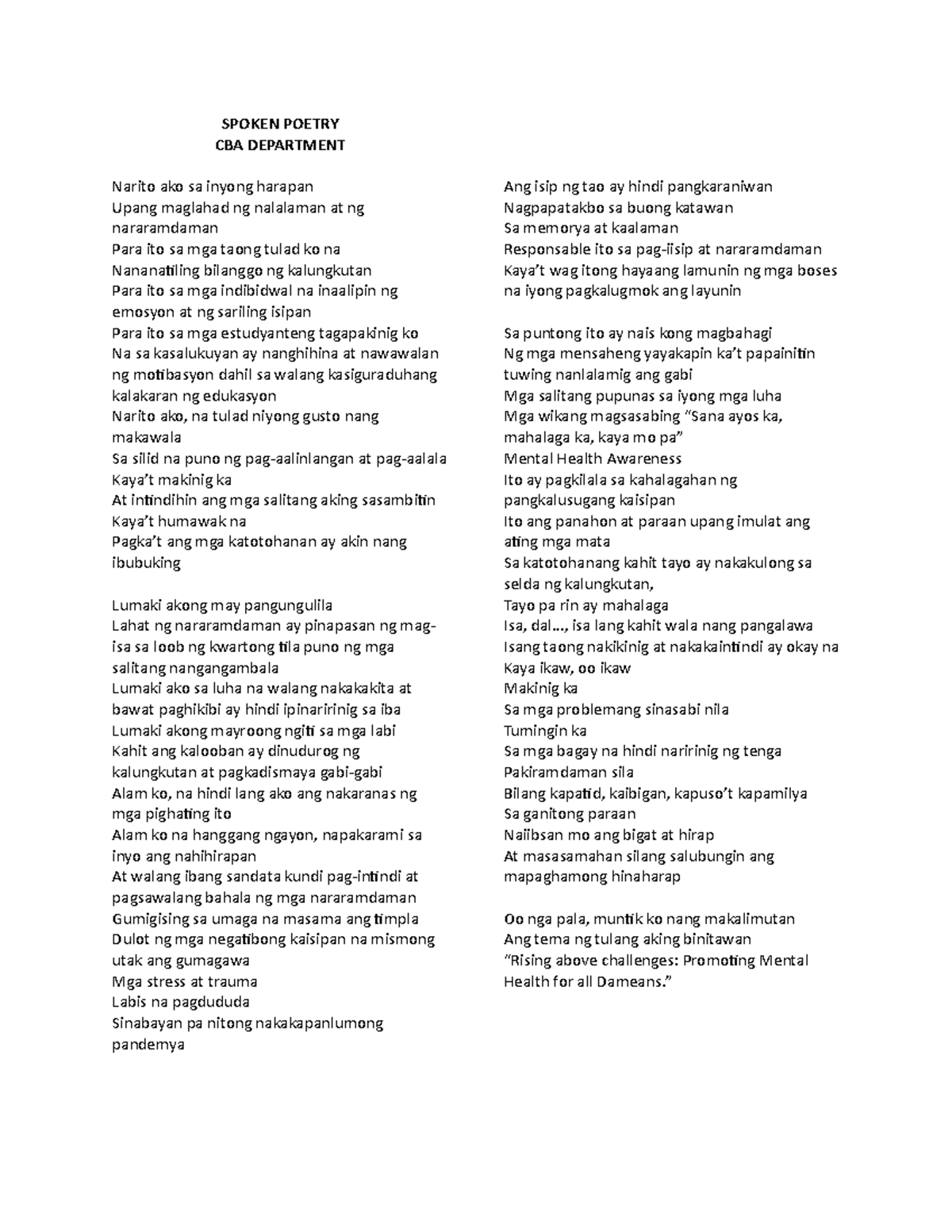 Spoken- Poetry - Grade: 1 - SPOKEN POETRY CBA DEPARTMENT Narito ako sa ...