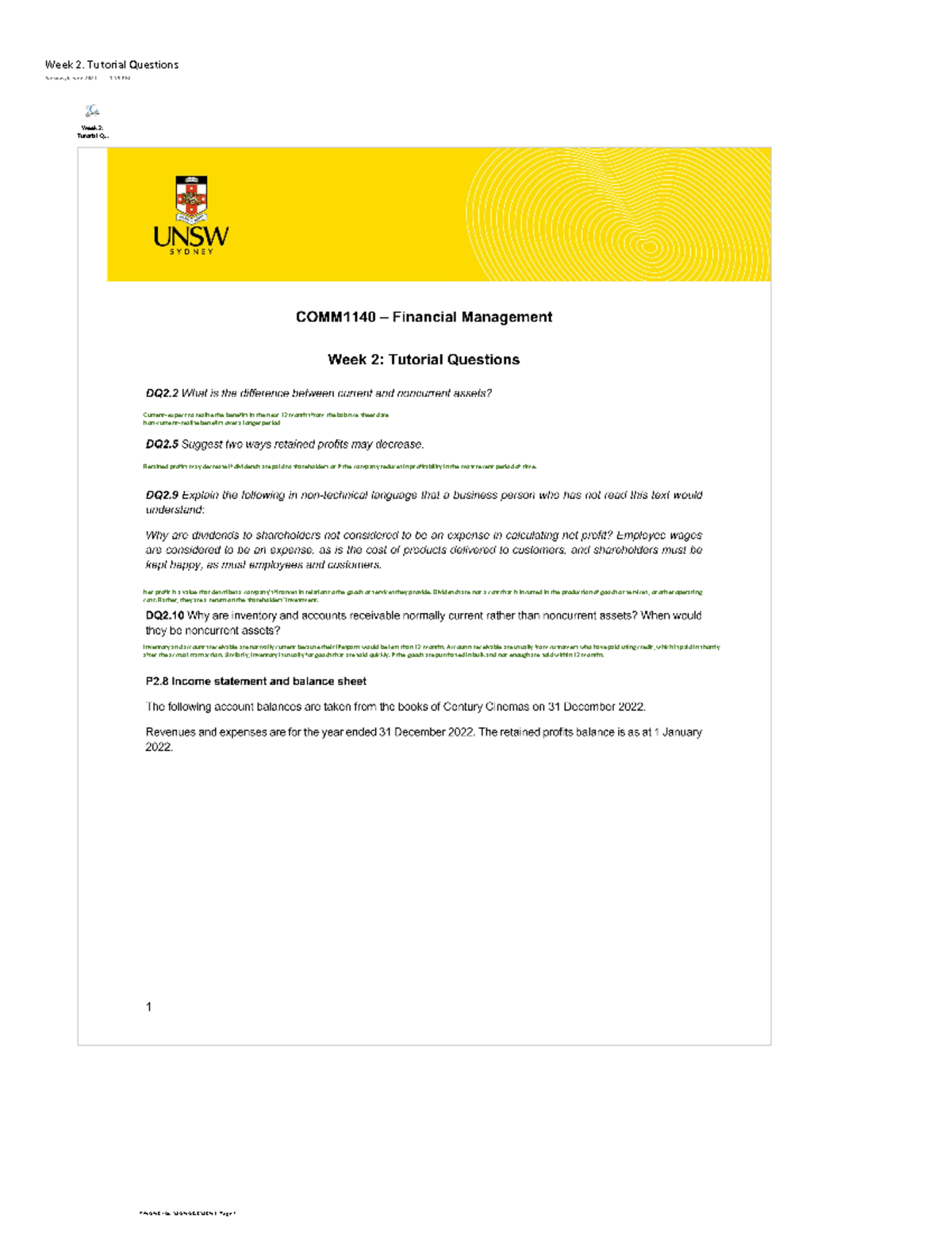 Week 2 Tutorial Questions Completed Week 2 Tutorial Q Current Expect To Realise The