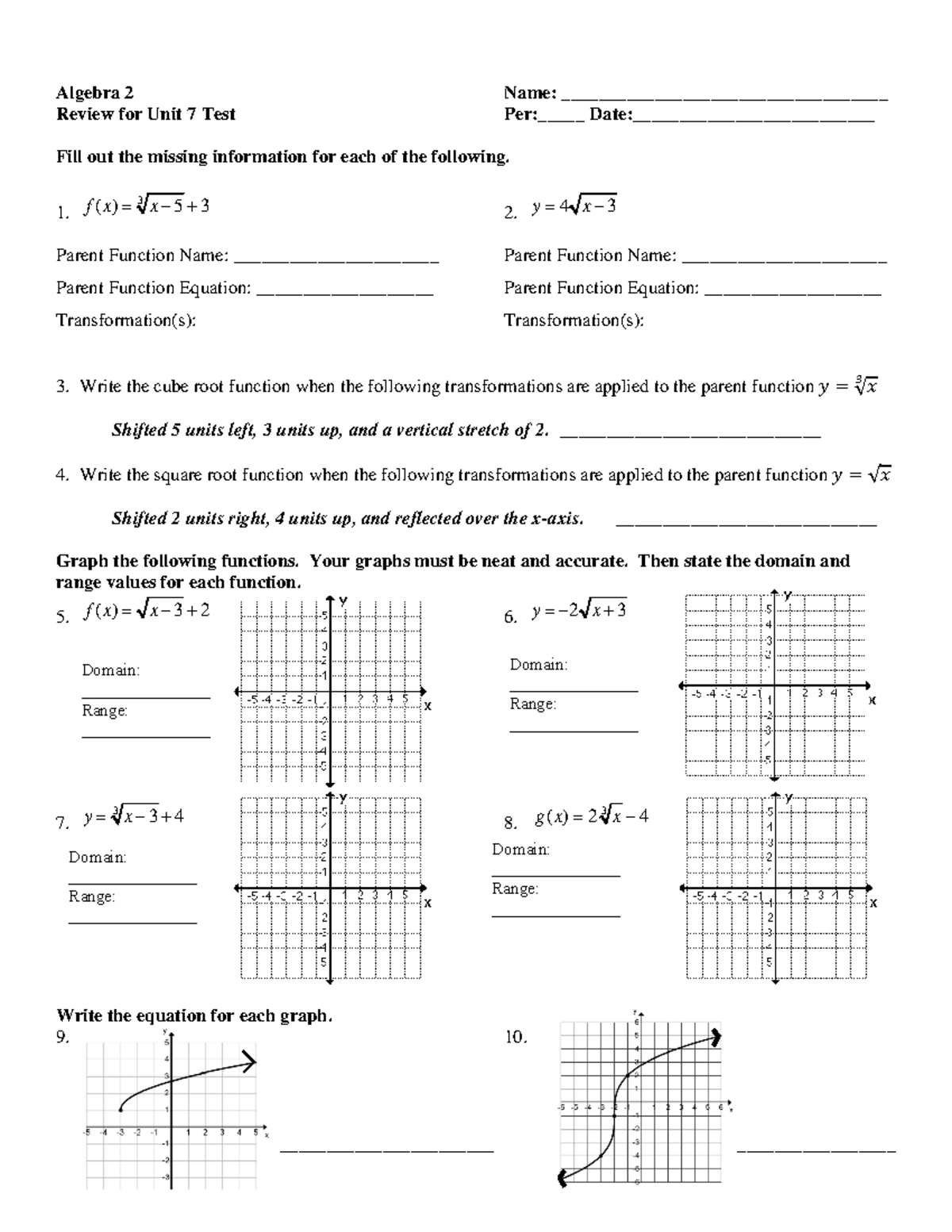 Unit 7 Review - notes - Algebra 2 Name ...