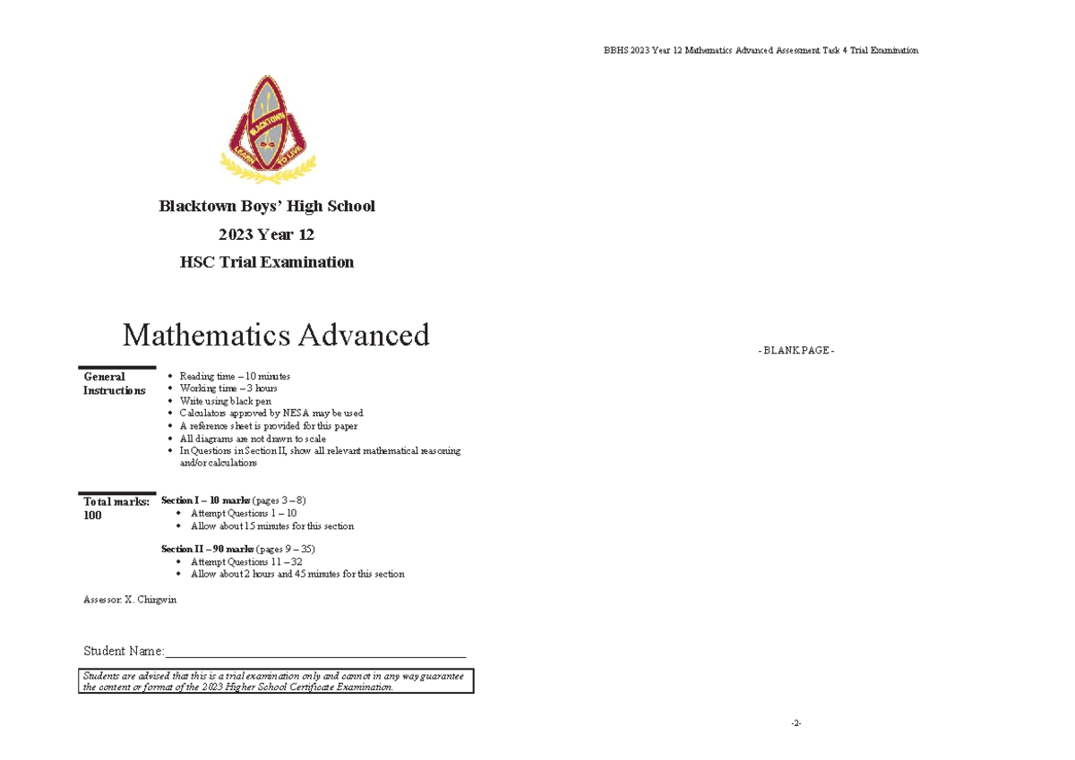 Mathematics advanced trial blacktown boys high school 2023 ...