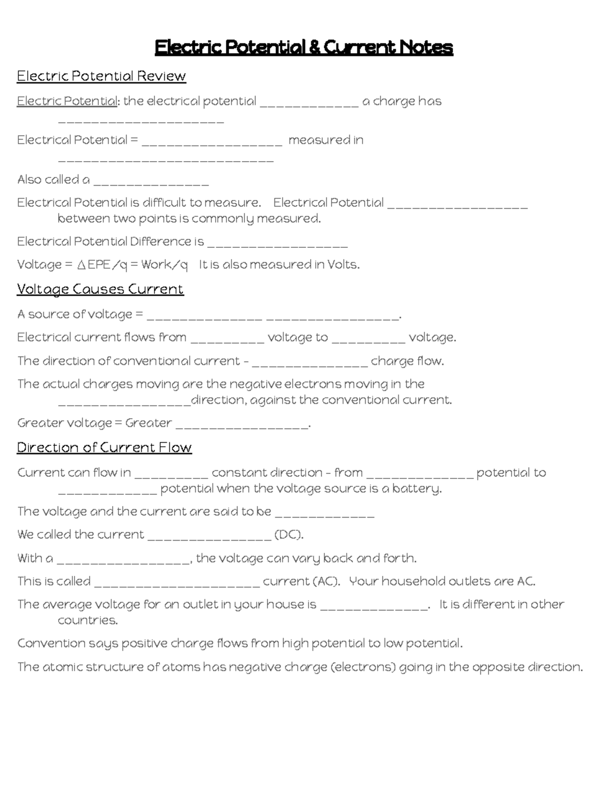 Electric Potential & Current Notes - Electric Potential & Current Notes ...