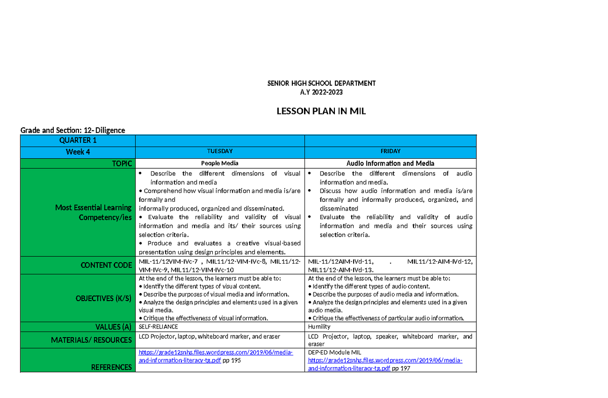 WEEK 4 Q2 - LESSON - SENIOR HIGH SCHOOL DEPARTMENT A 2022- LESSON PLAN IN MIL Grade and Section ...
