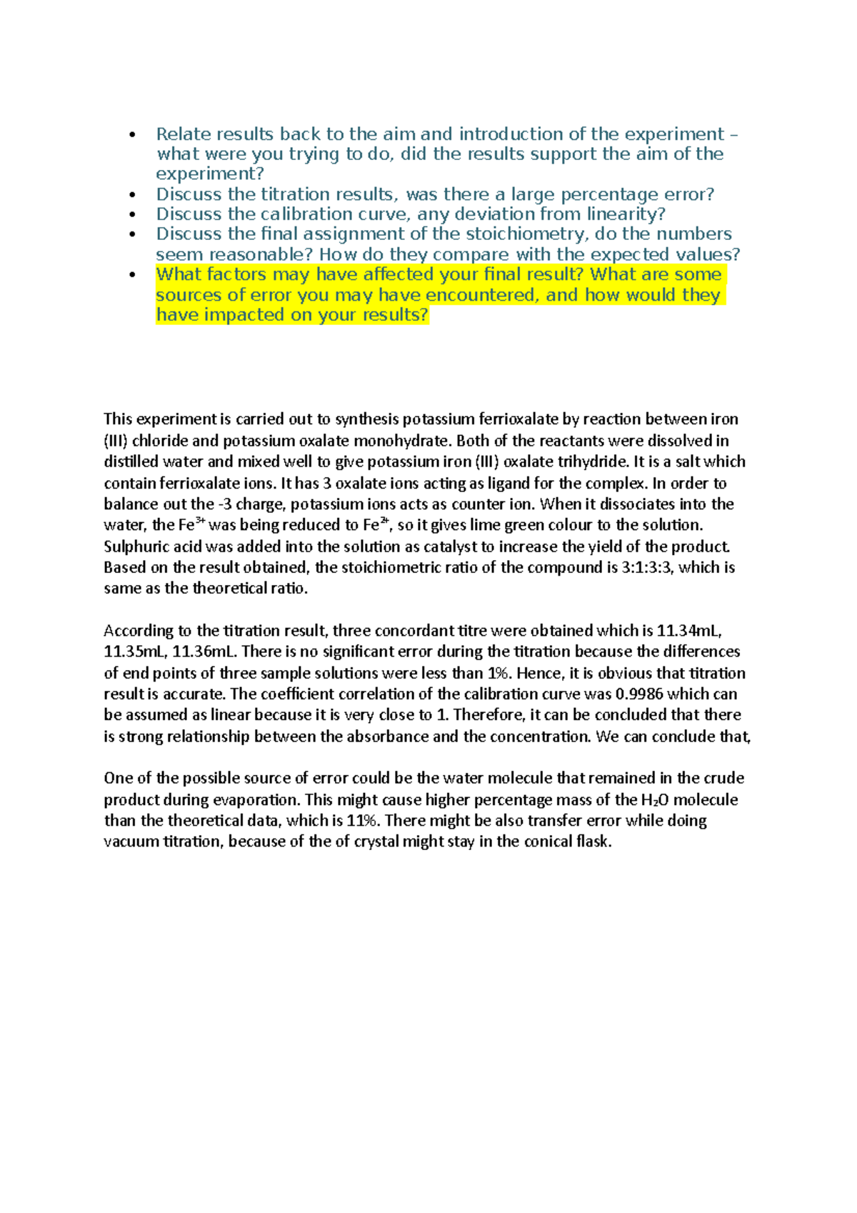 Experiment 4 - Relate results back to the aim and introduction of the ...