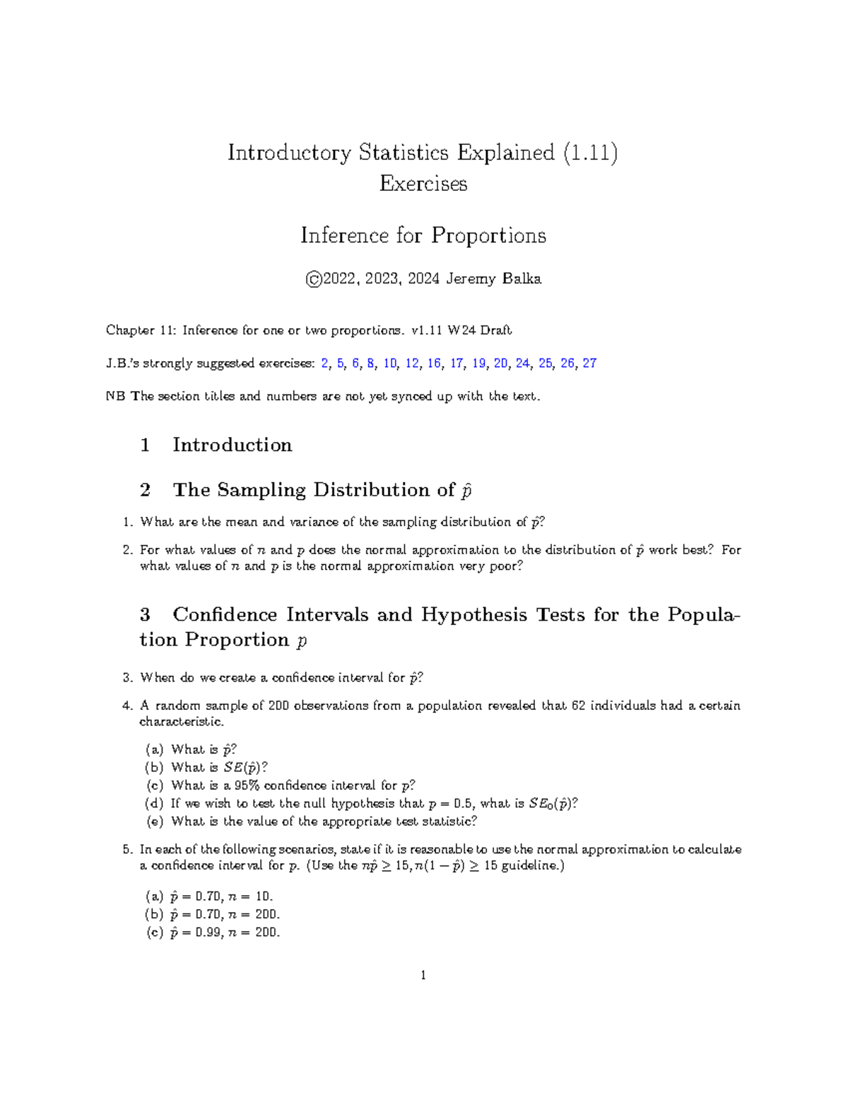 Jb ise exercises proportions - Introductory Statistics Explained (1) Exercises Inference for ...