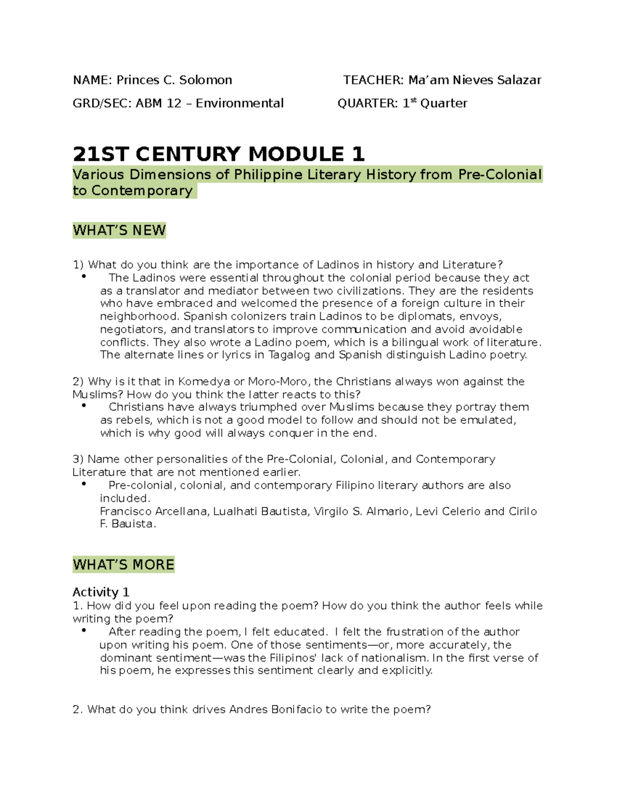 21ST Century Module 1 - NAME: Princes C. Solomon TEACHER: Ma’am Nieves ...