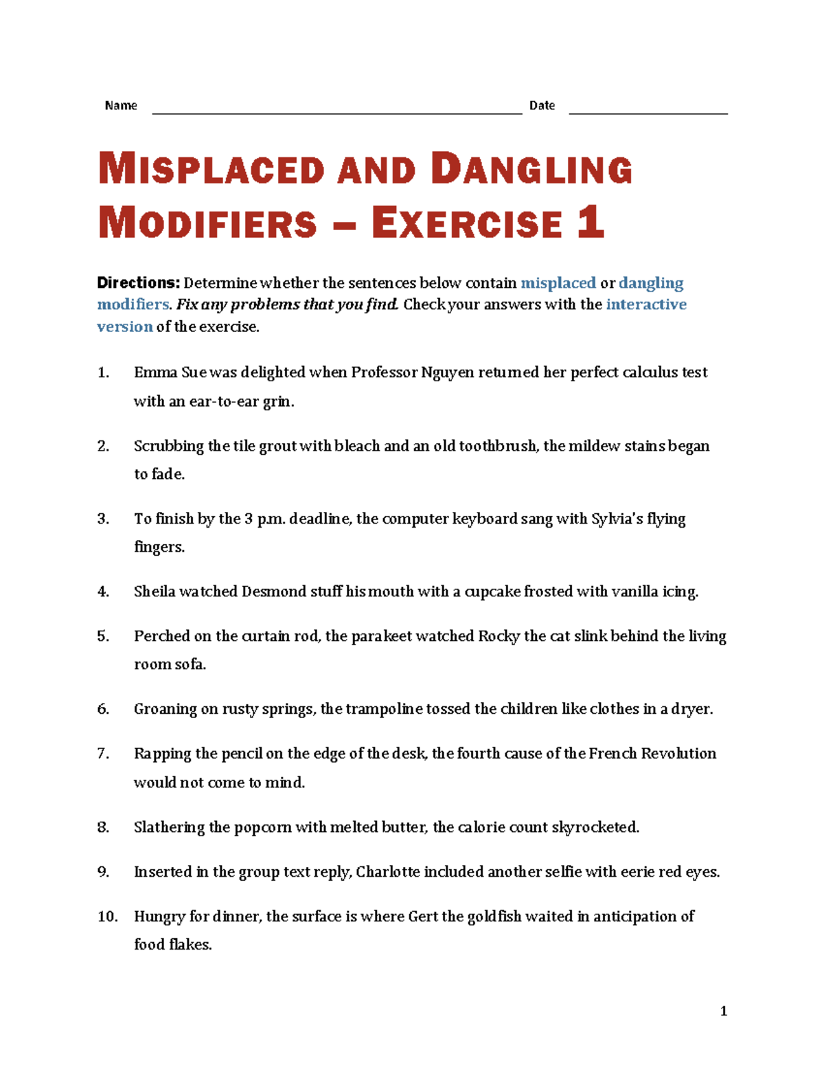 Modifiers 01 - Inglés - 1 Name Date MISPLACED AND DANGLING MODIFIERS ...