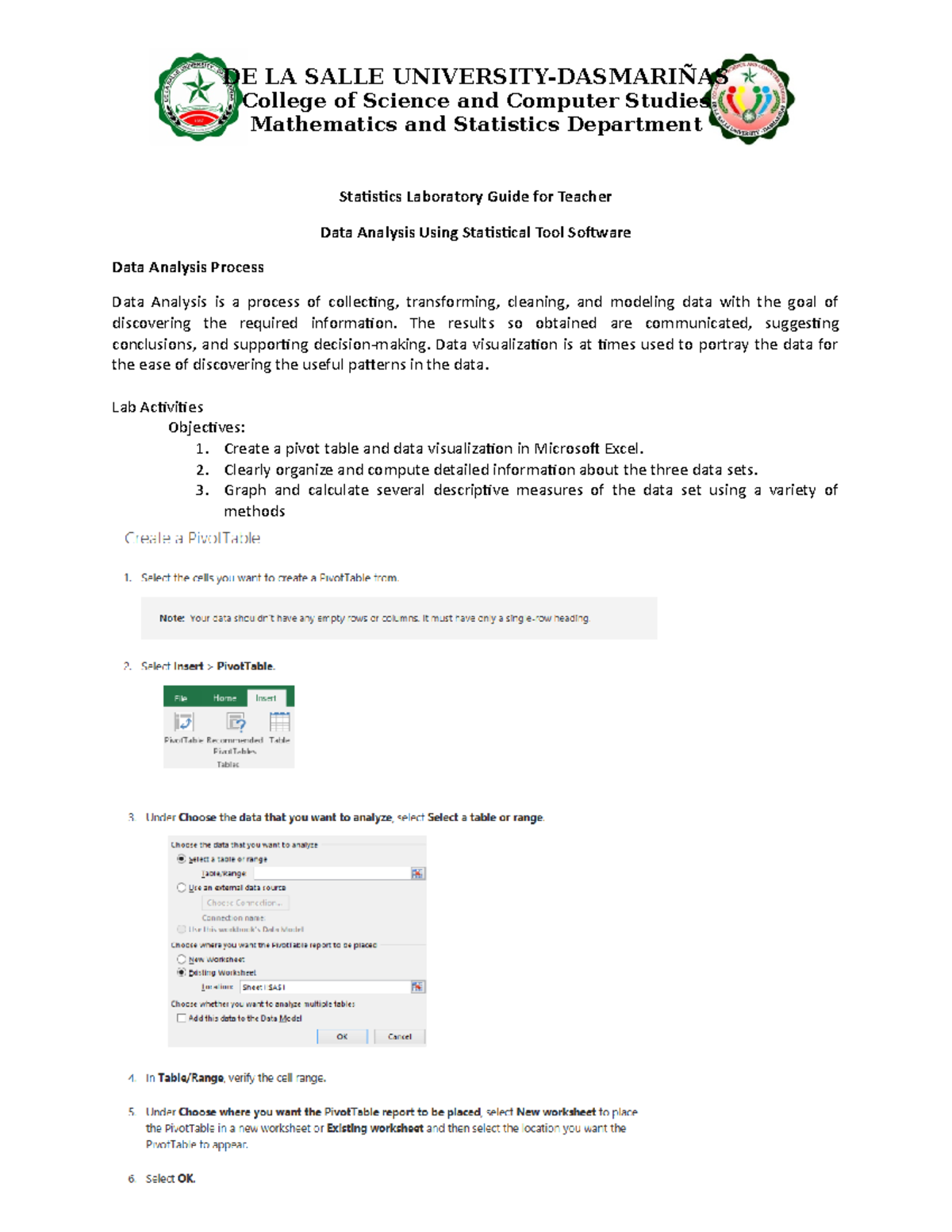 Laboratory WEek 1-3 - DE LA SALLE UNIVERSITY-DASMARIÑAS College of ...