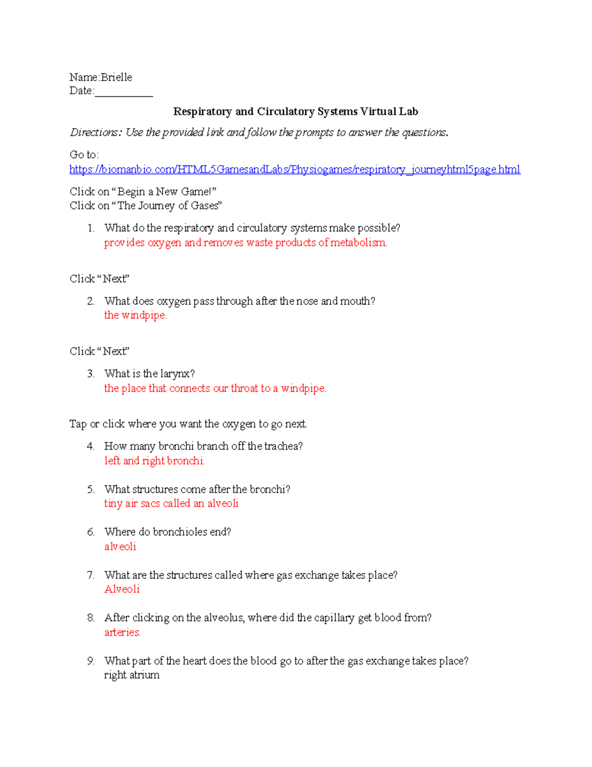 Bri'Elle Powell-Respiratory System Virtual Lab - Name:Brielle Date ...