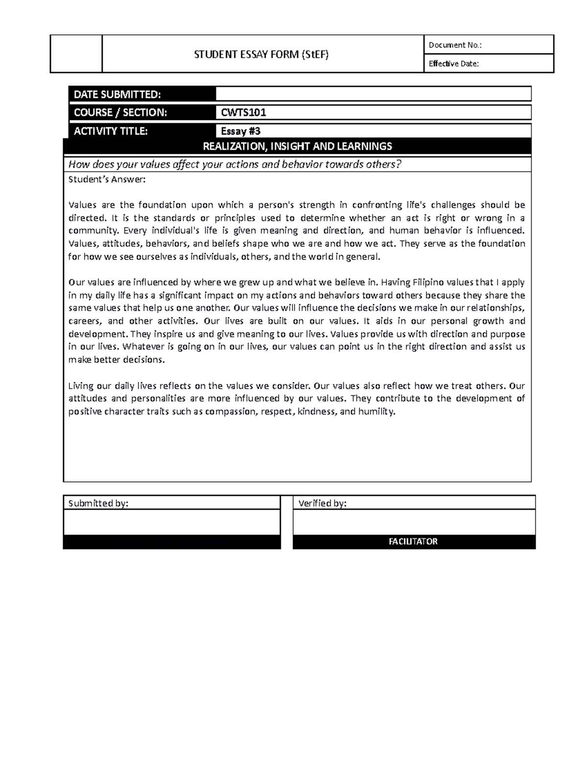 CWTS101 Essay #3 - STUDENT ESSAY FORM (StEF) Document No.: Effective ...