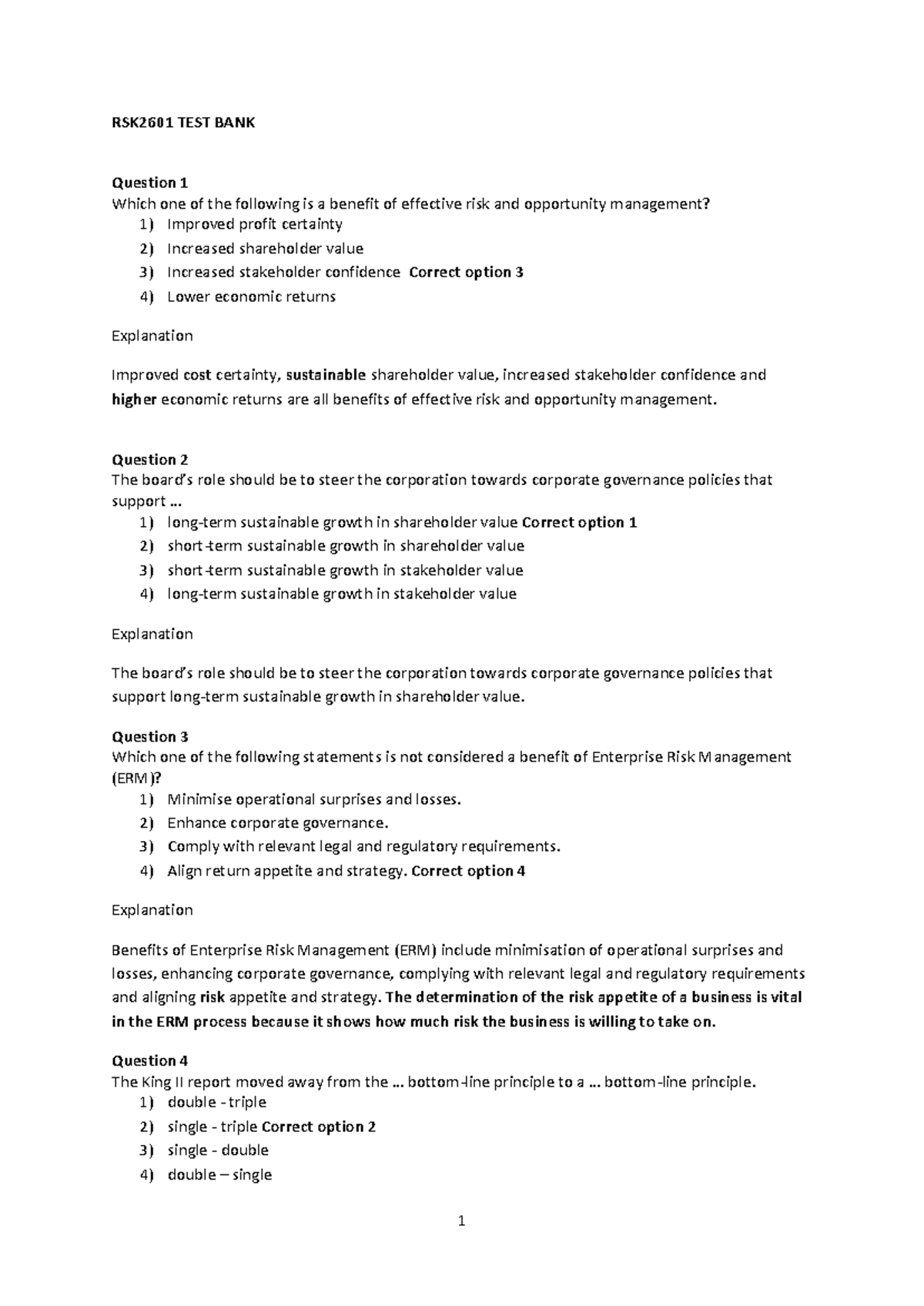 RSK 2601 Exam Bank Test - Exam Bank test - RSK2601 TEST BANK Question 1 ...