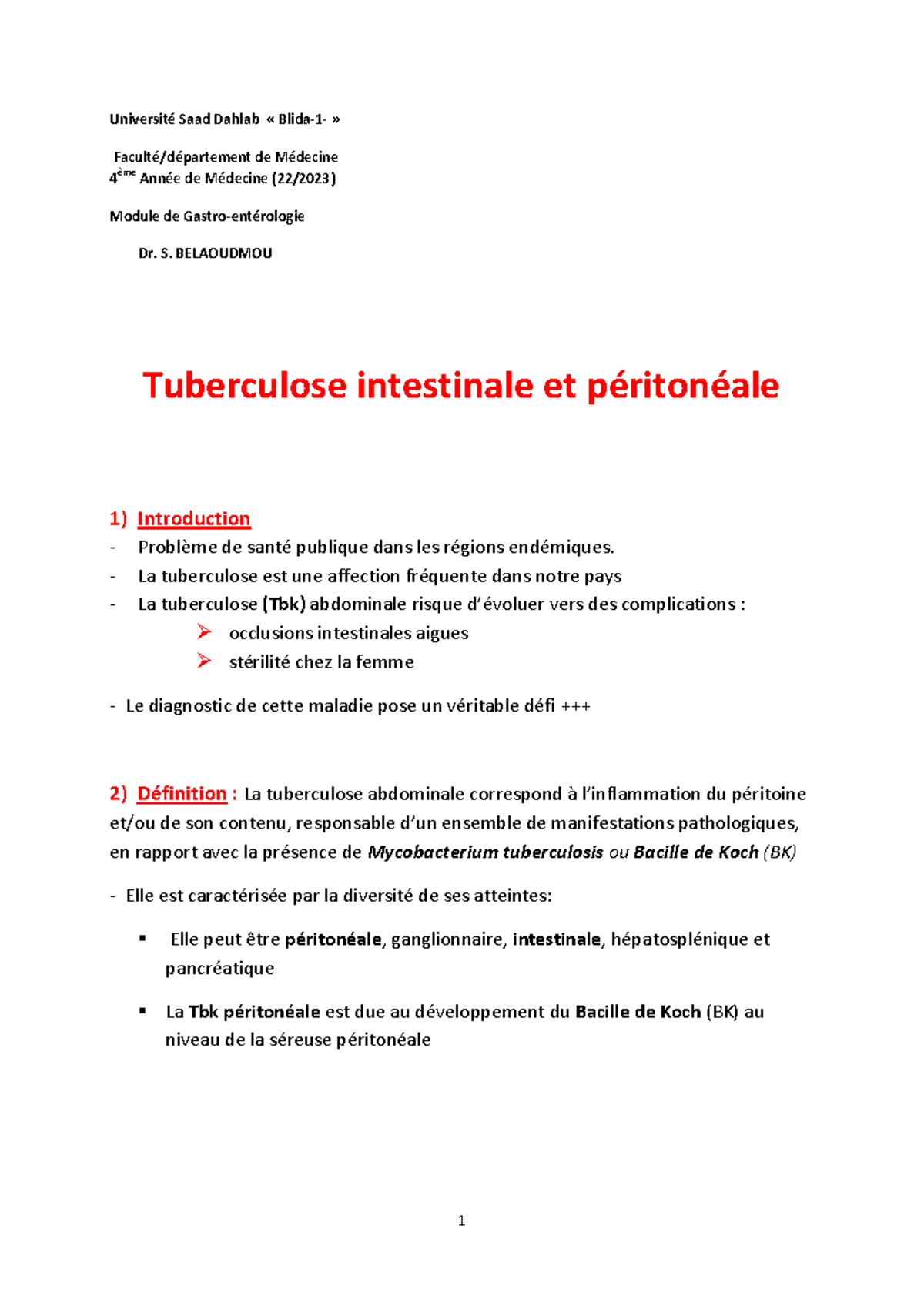 28-Tuberculose intestinale et péritonéale - Université Saad Dahlab ...