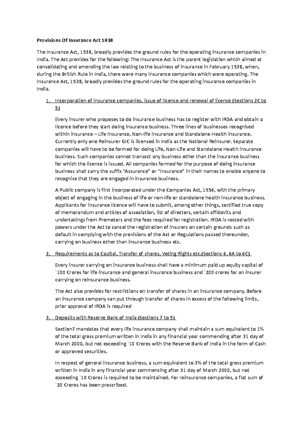 Insurance Law - Provisions Of Insurance Act 1938 The Insurance Act ...