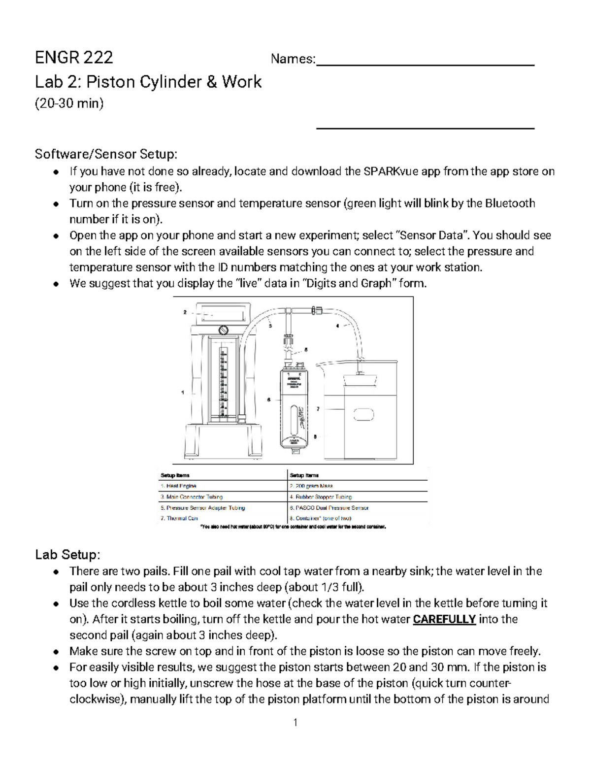 Lab 2- Piston Cylinder Work Instructions - 1 ENGR 222 Names