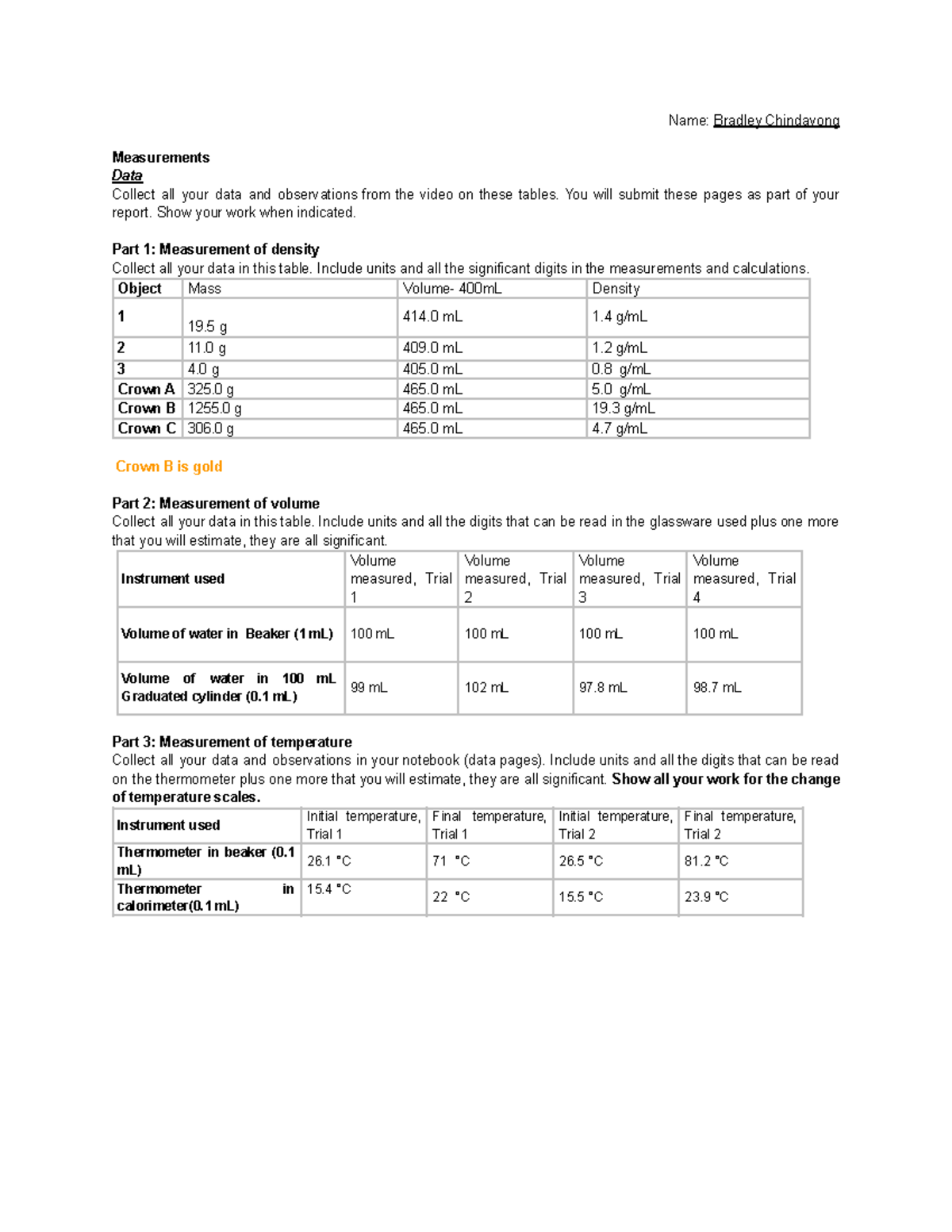 Experiment 2 Measurements chem 1411 - Name: Bradley Chindavong ...