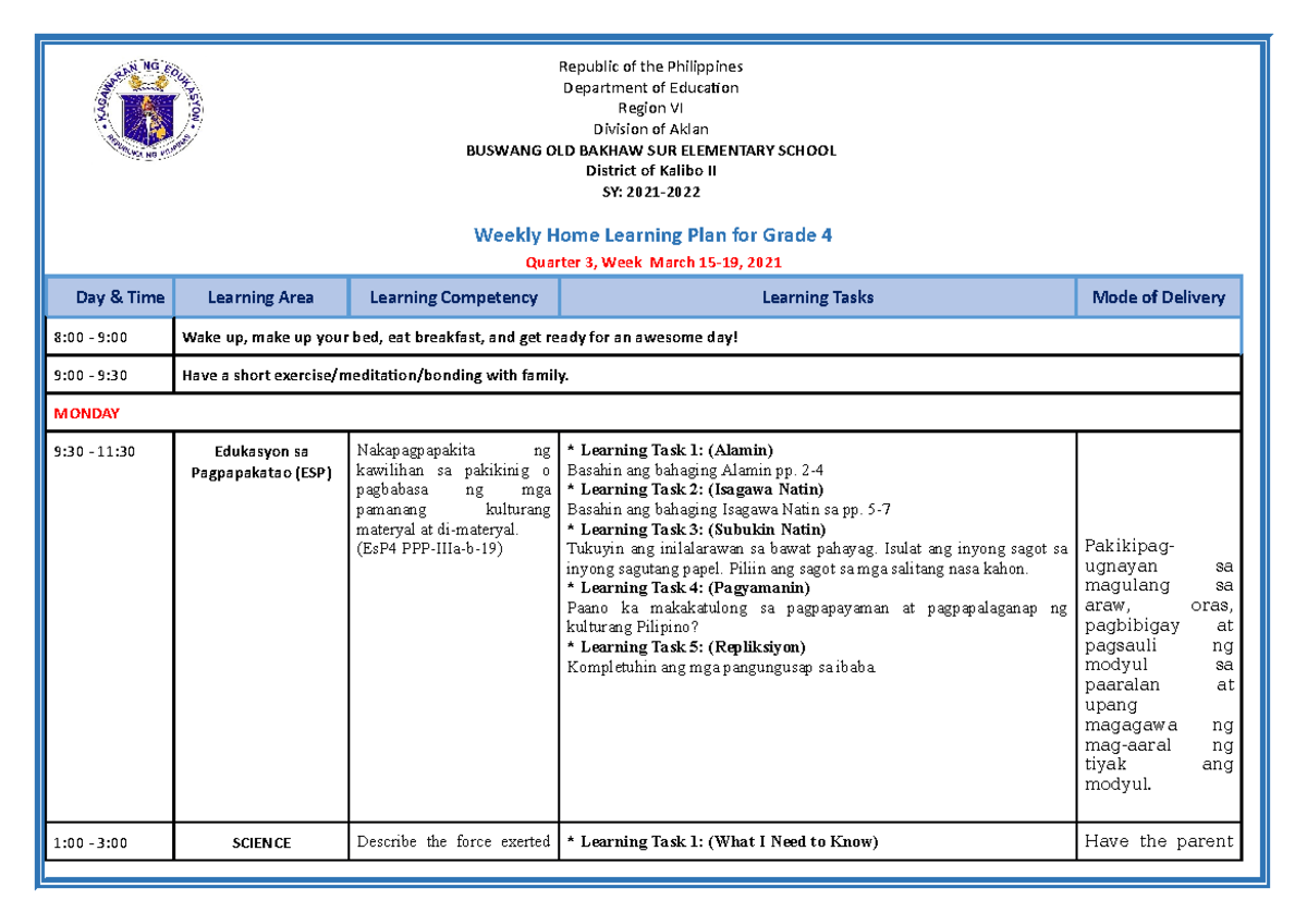 Quarter 3 - whlp - 2 ; Weekly Home Learning Plan for Grade 4 Quarter 3 ...
