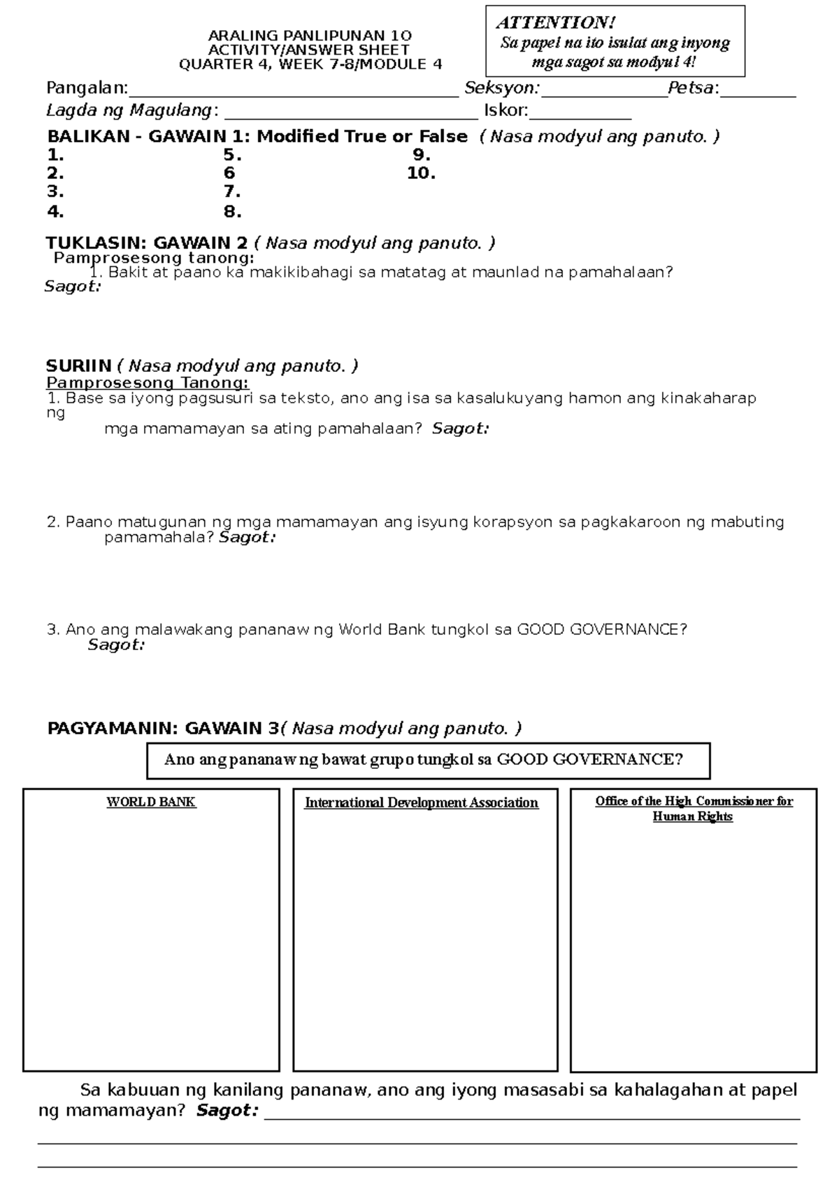 Answer Sheet Week 7-8 - None - ARALING PANLIPUNAN 1O ACTIVITY/ANSWER ...